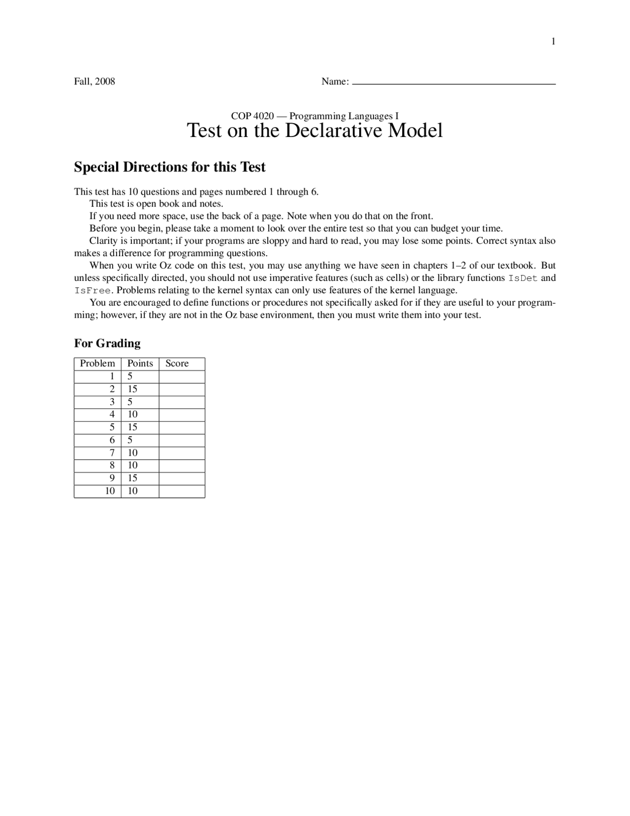 10 Questions On Programming Languages I Old Exam 1 Cop 4020 Docsity