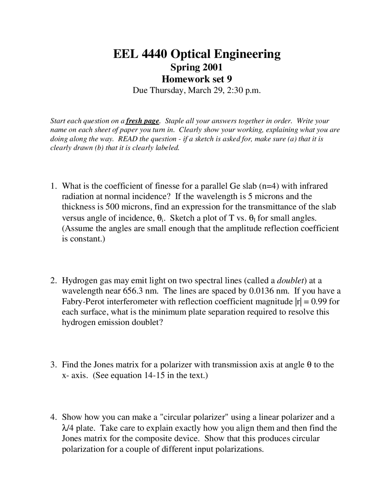 Optical Engineering 4 Questions Of Homework 9 Eel 4440 Docsity