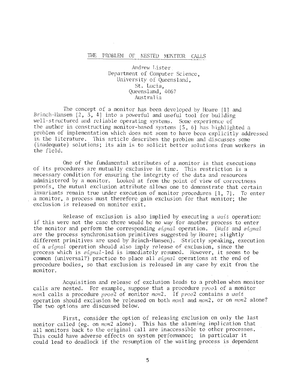 The Problem of Nested Monitor Calls - Lecture Notes | COP 4020 - Docsity