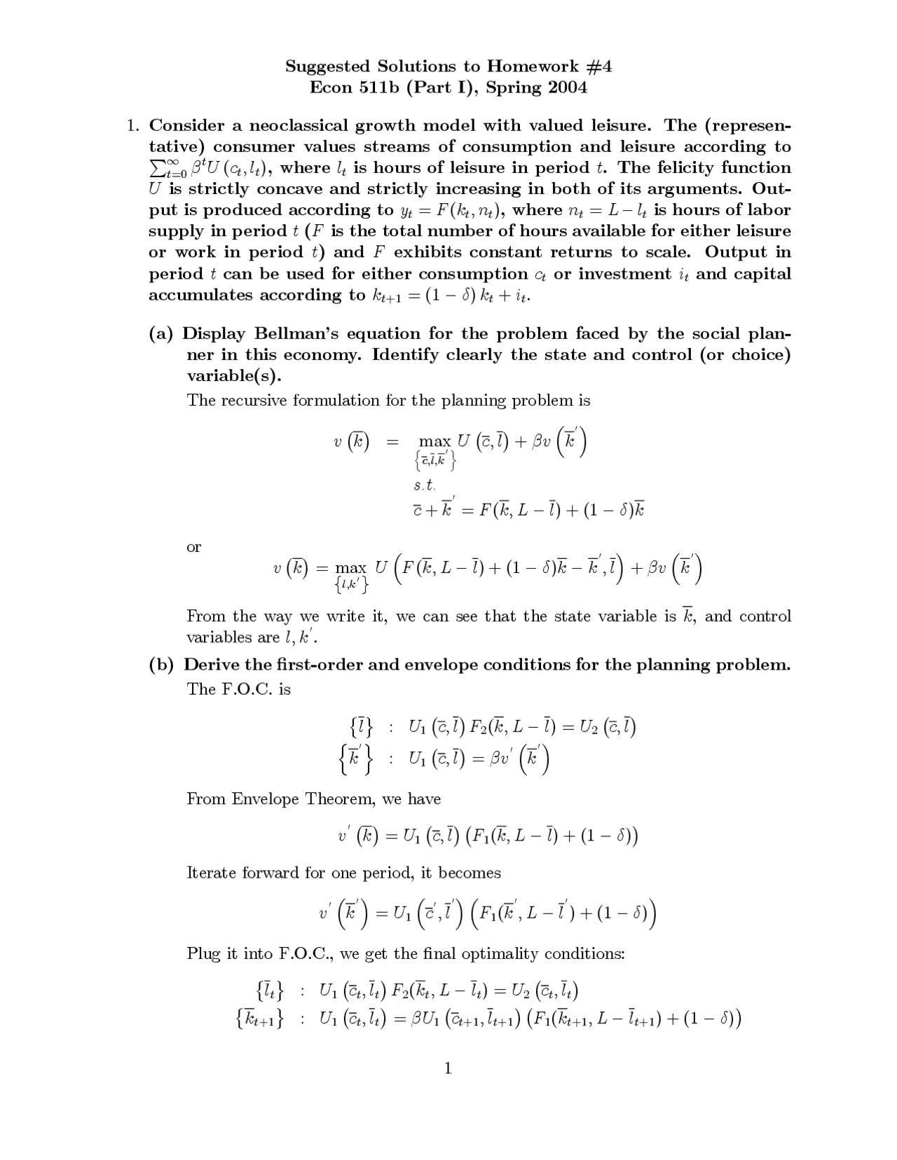 Homework 4 Solutions General Economics Theory Macroeconomics Econ
