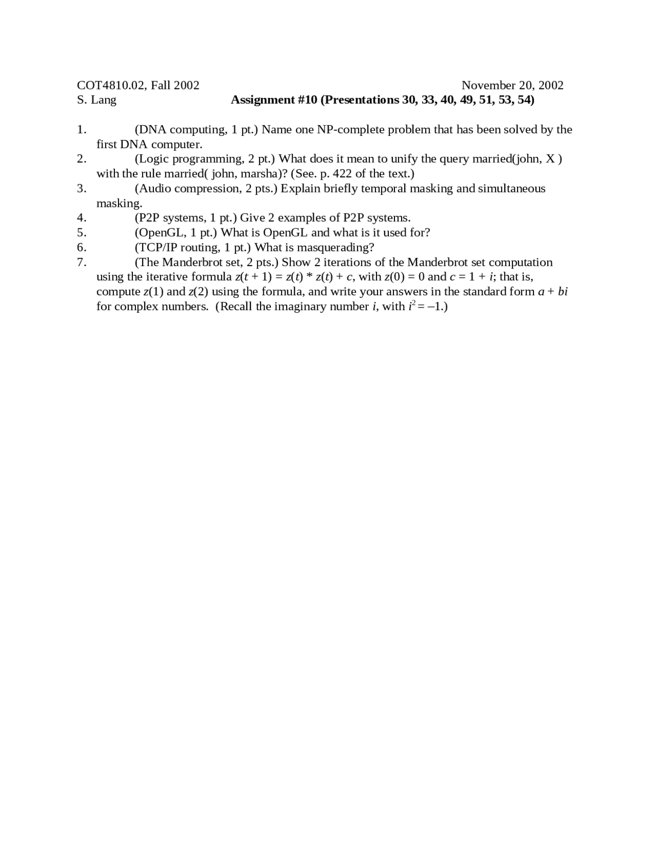Topics In Computer Science Assignment 10 Cot 4810 Docsity