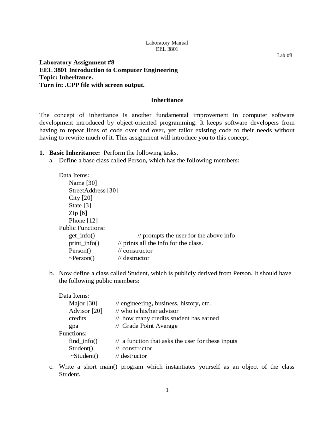 Laboratory Assignment 8 Inheritance Eel 3801 Docsity