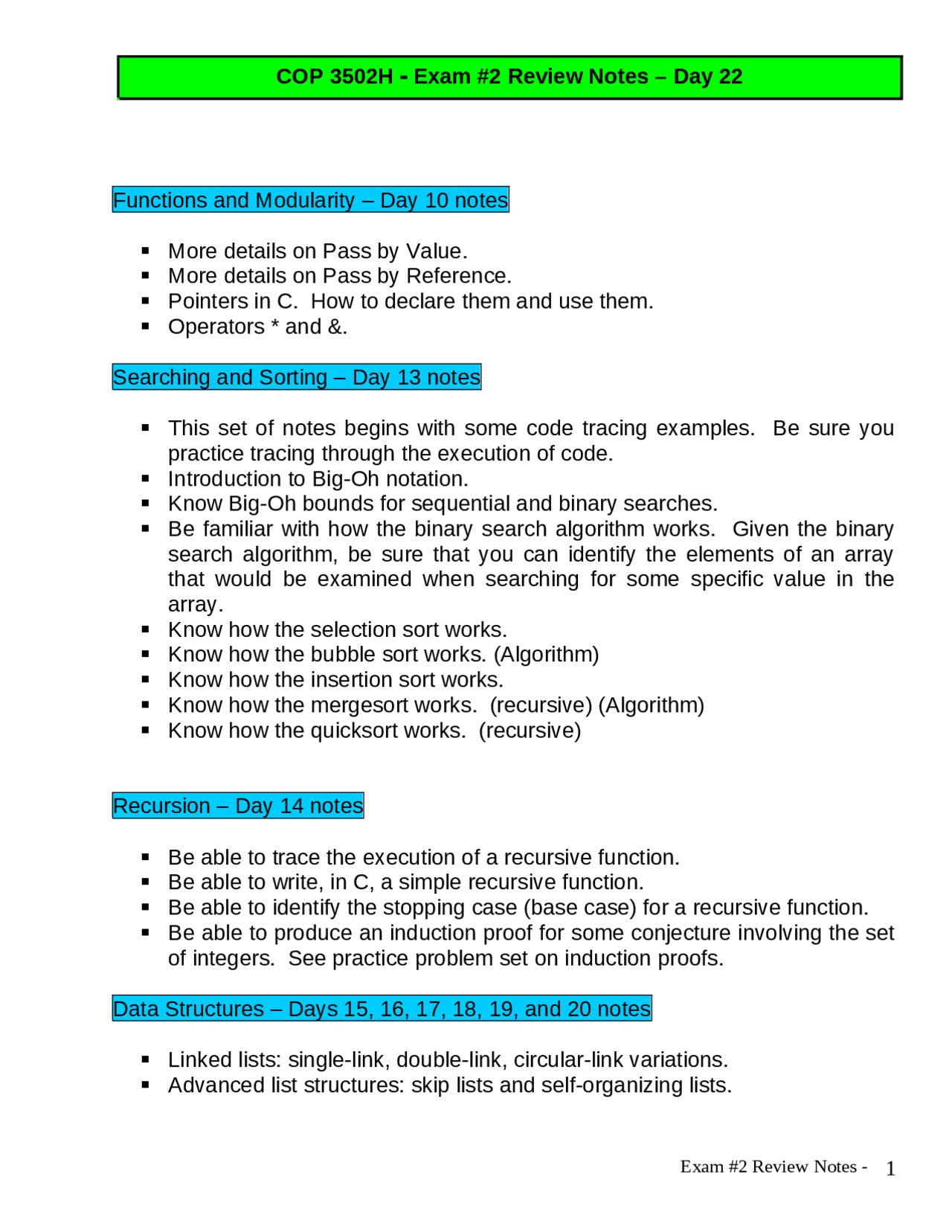Old Exam 2 Review Notes Computer Science I Cop 3502 Docsity