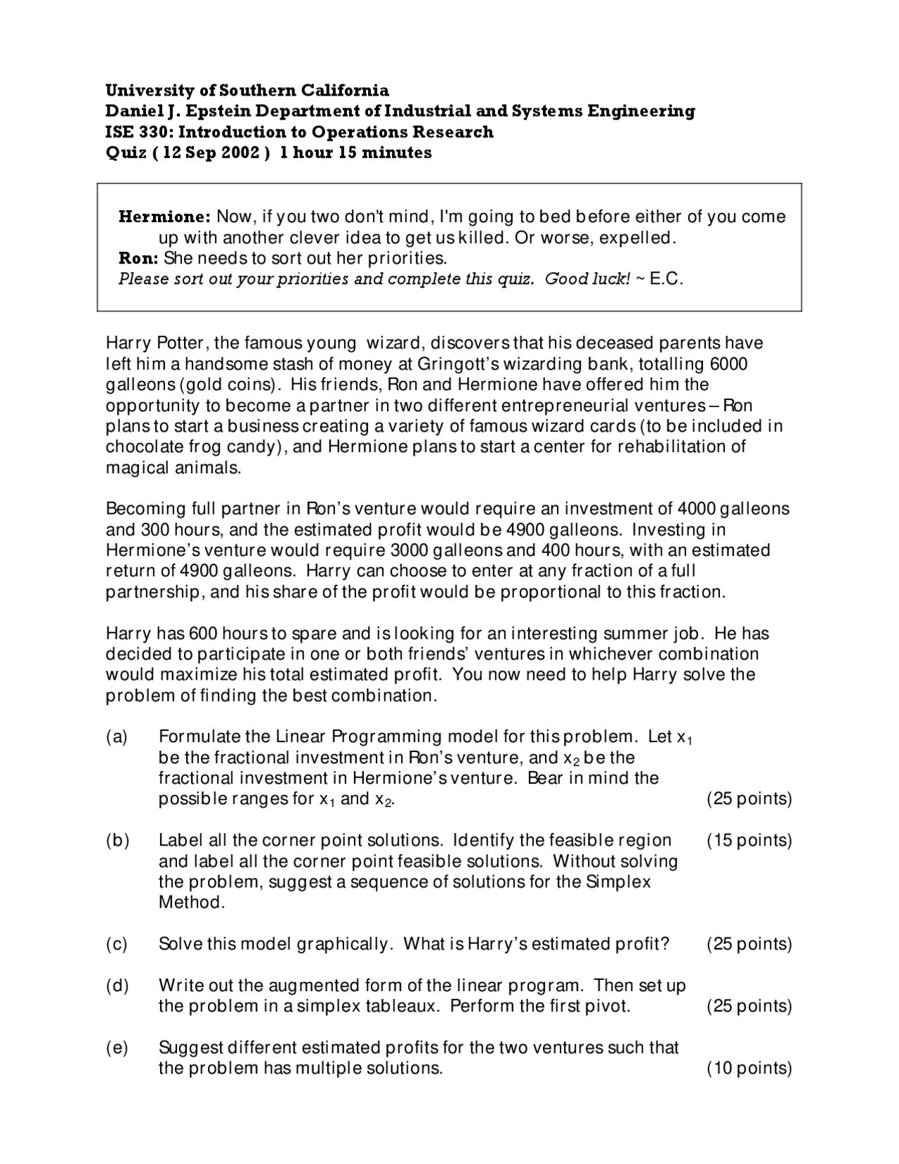 Quiz 12 Problems Introduction To Operations Research Ise 330 Docsity