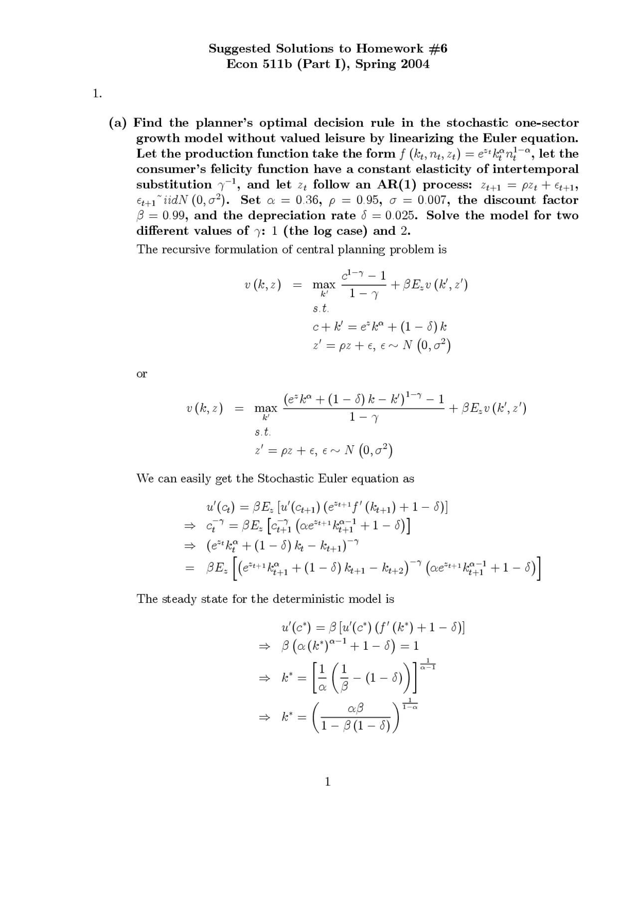 General Economics Theory Macroeconomics Homework 6 Solutions Econ