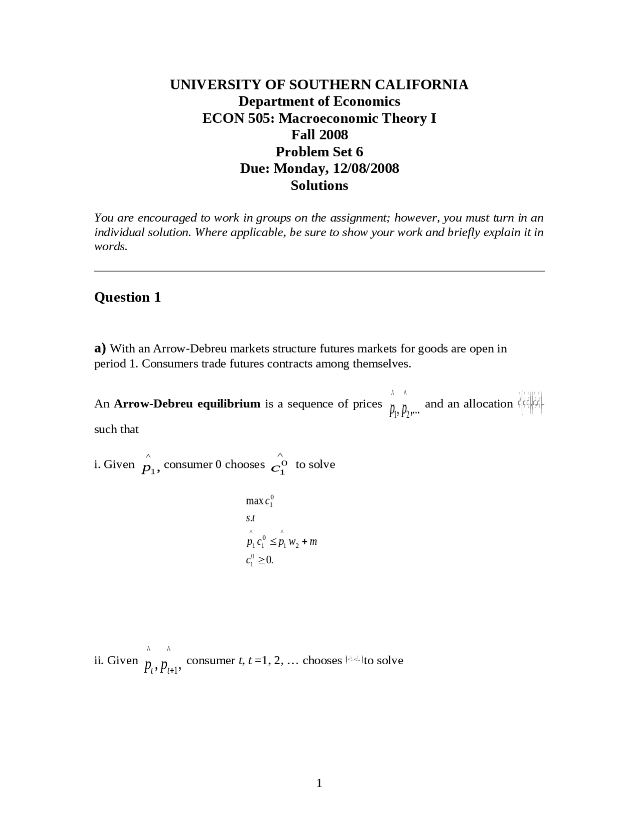 Problem Set 6 Macroeconomic Theory I Fall 2008 Econ 505 Docsity
