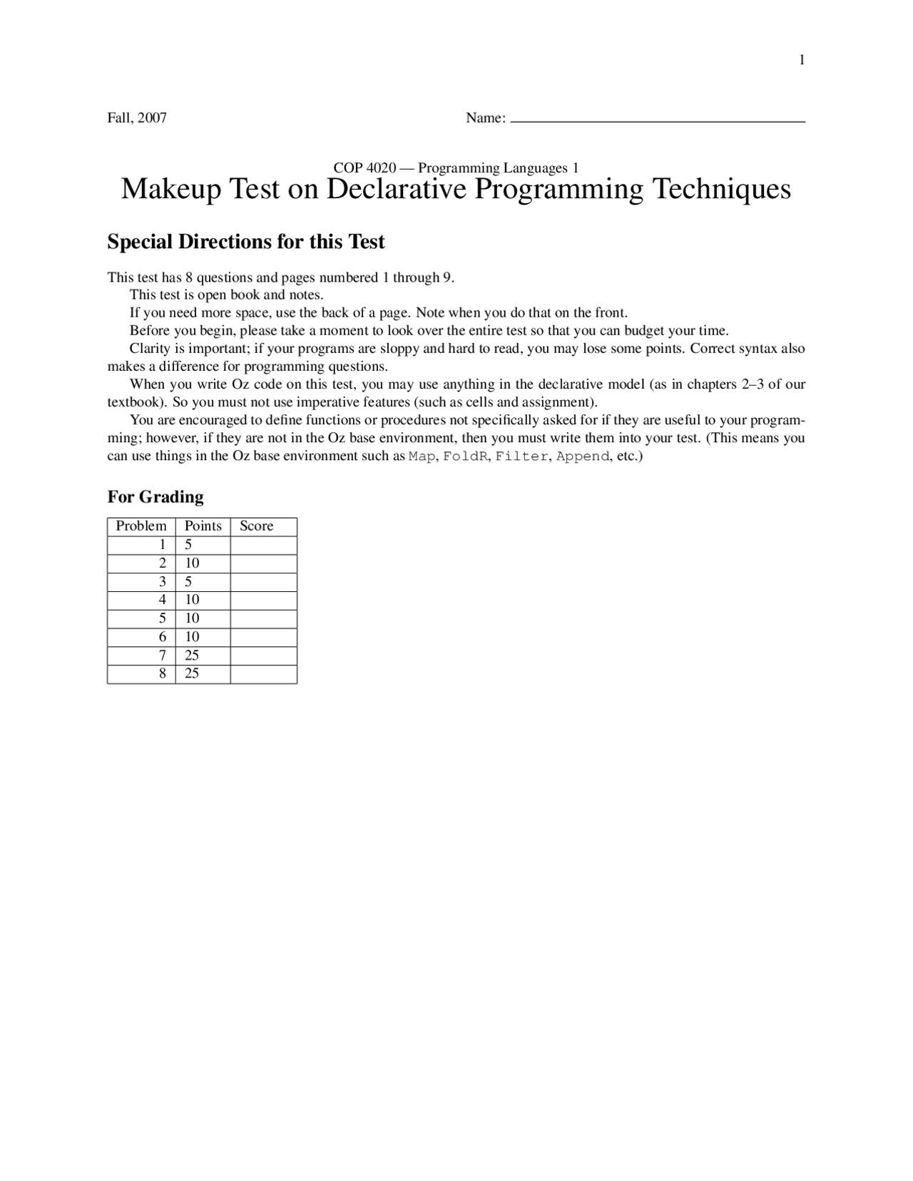 Makeup Test On Declarative Programming Techniques Cop 4020 Docsity