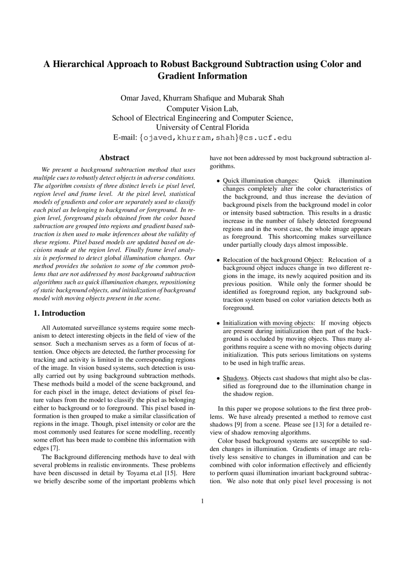 A Hierarchical Approach To Robust Background Subtraction Using Color Cap 6412 Docsity
