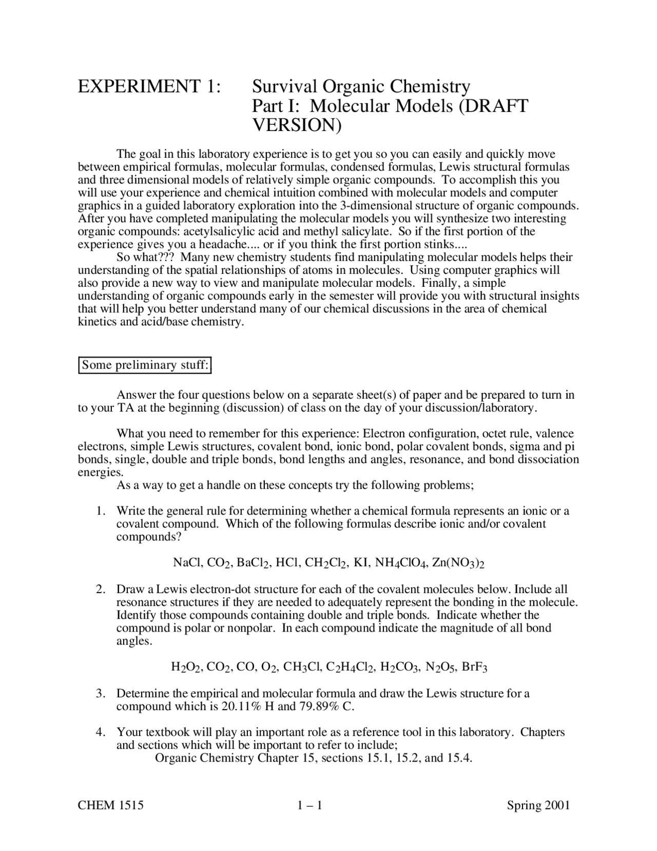 Survival Organic Chemistry - Molecular Models - General Chemistry | CHEM 1515 - Docsity