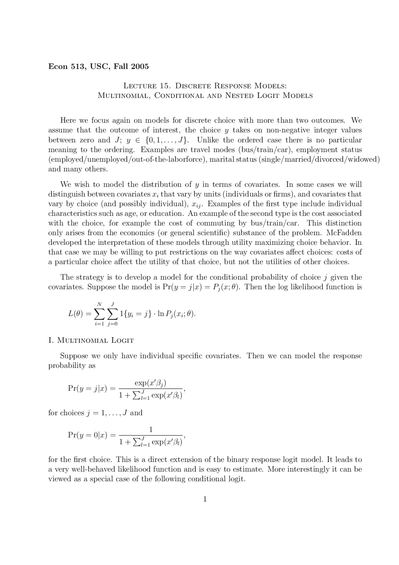 Discrete Response Models Multinomial Conditionalnested Logic Models
