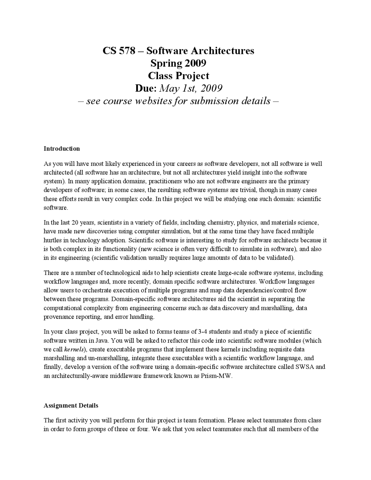 Introduction To Software Architectures Project Csci 578 Docsity