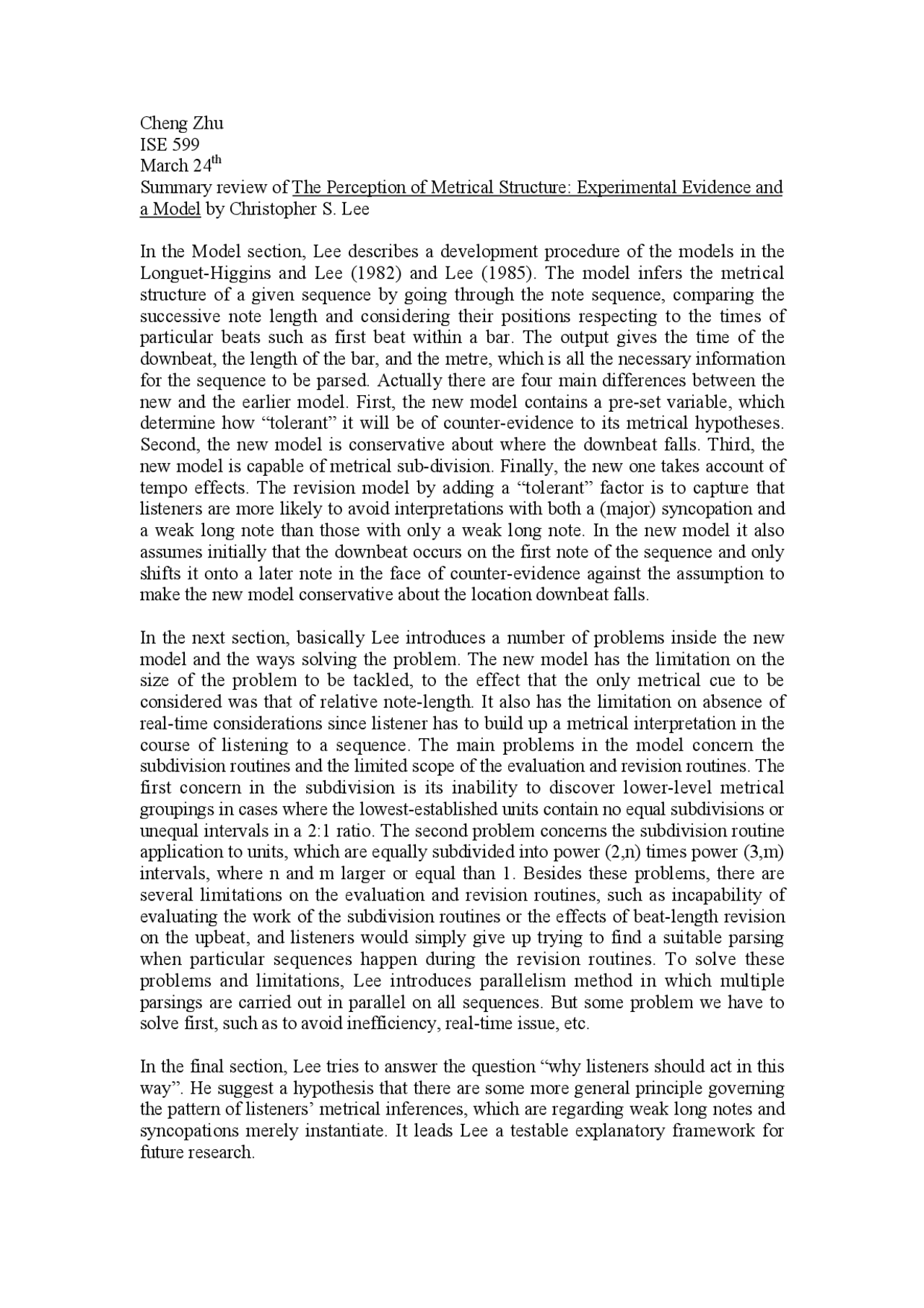 The Perception Of Metrical Structure Experimental Evidence And Model