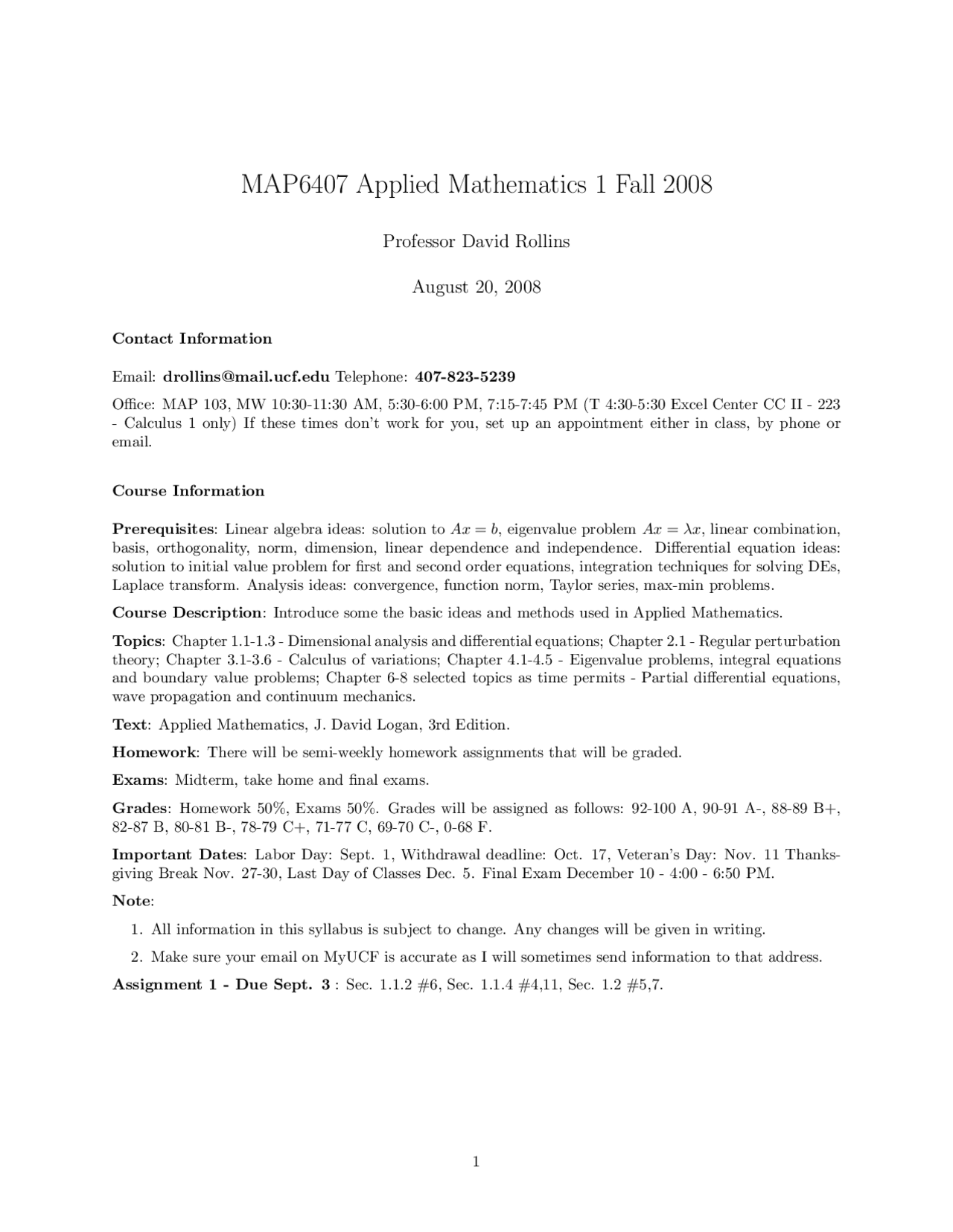 Syllabus Applied Mathematics I Map 6407 Docsity