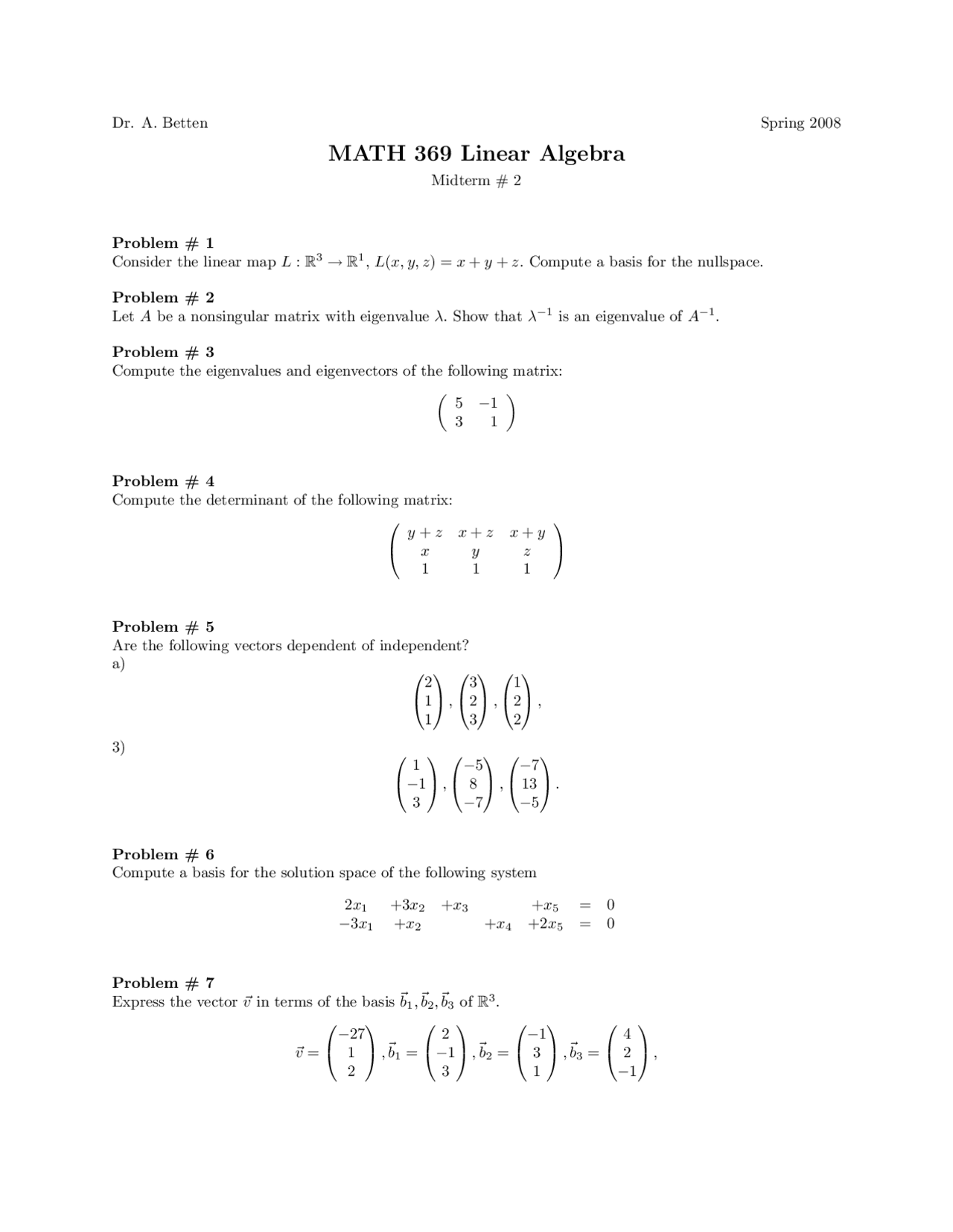 Midterm 2 Problems Linear Algebra I Math 369 Docsity