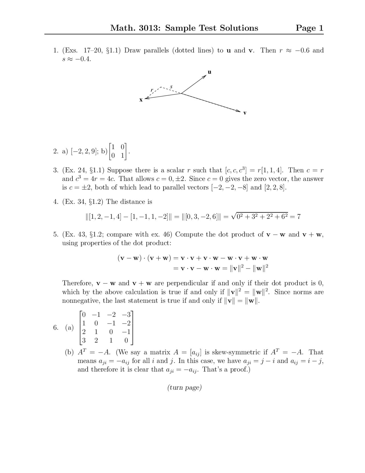 Sample Test Solutions For Final Exam Linear Algebra Math 3013 Docsity