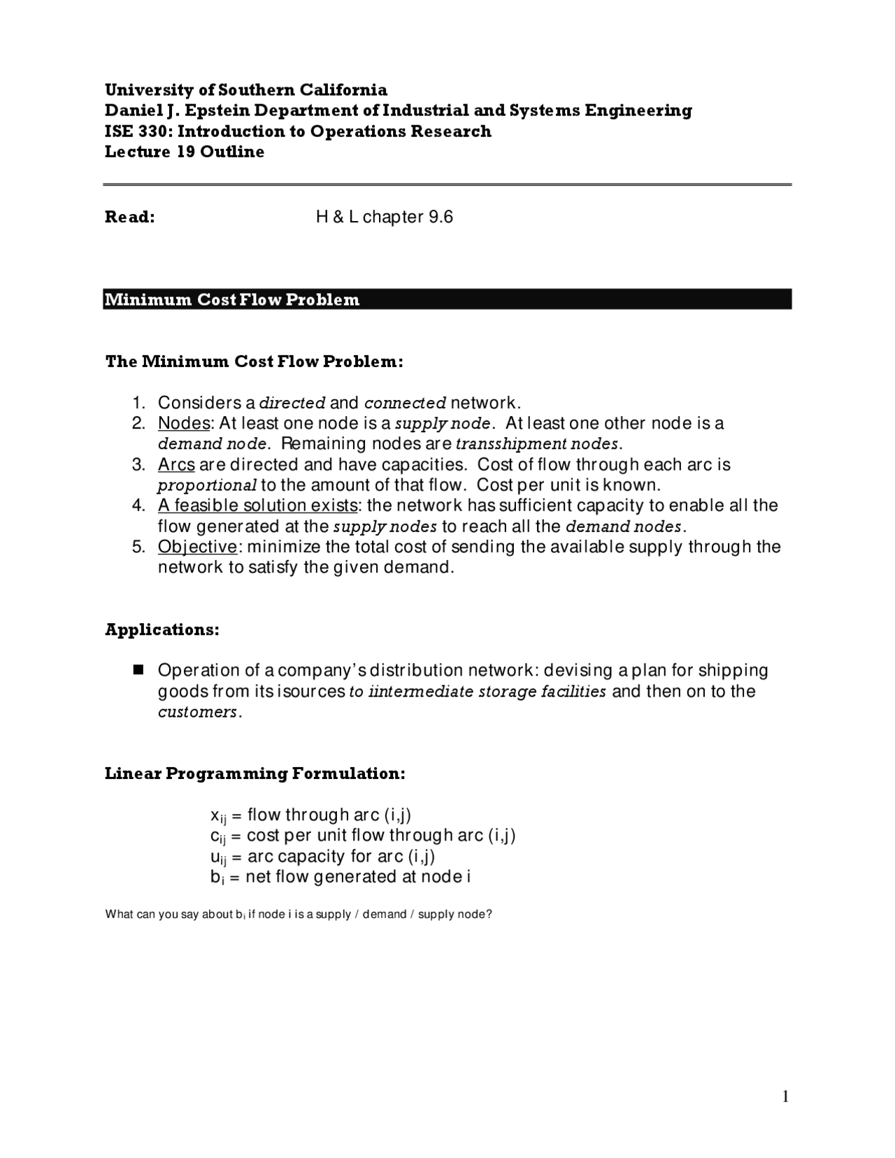 Linear Programming Formulation in Operation System - Outline | ISE 330 - Docsity