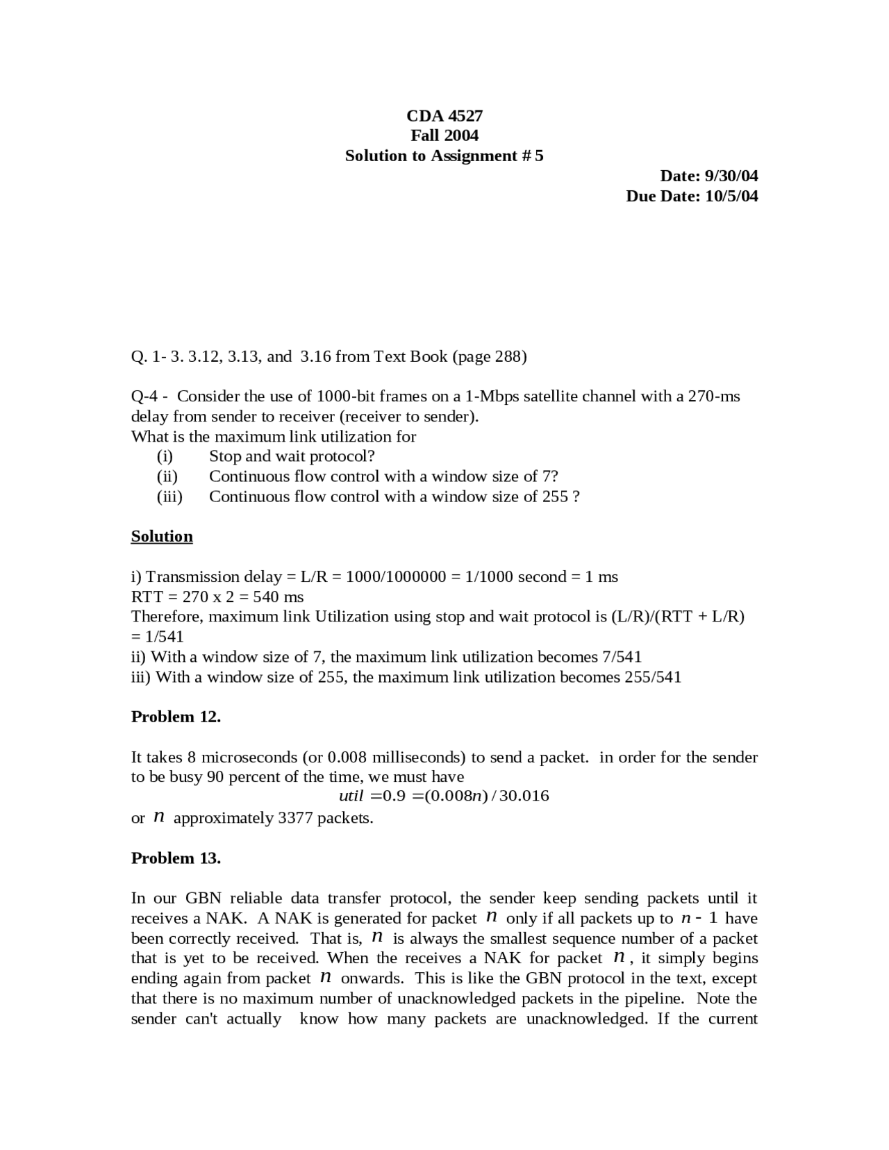 Solutions For Assignment 5 Analysis Computer Communication Networks Cda 4527 Docsity