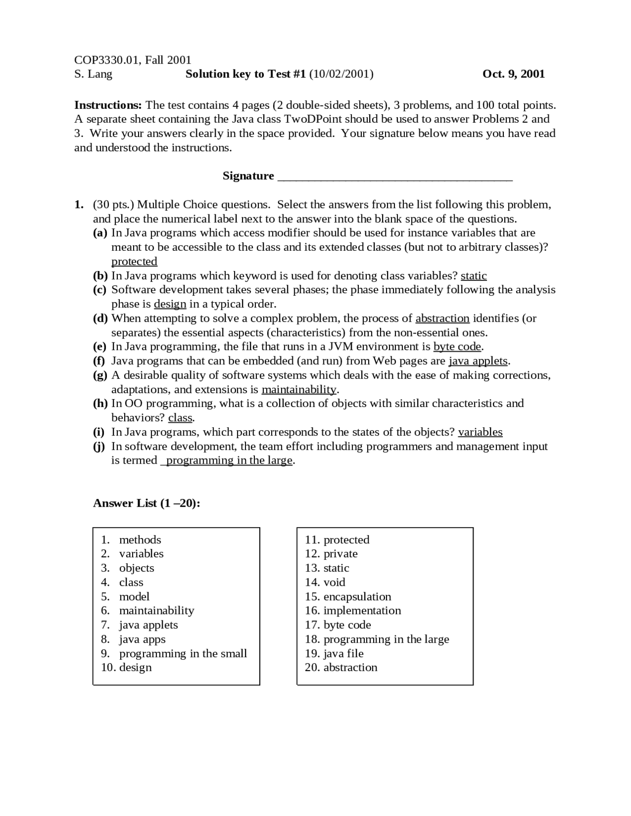 Solution Key To Test 1 Object Oriented Programming Fall 2001 Cop 7351