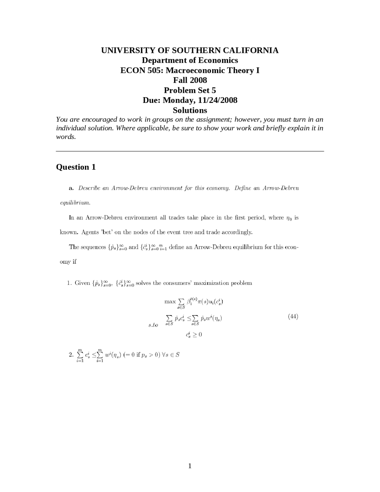 Problem Set 5 for Macroeconomic Theory I | ECON 505 - Docsity
