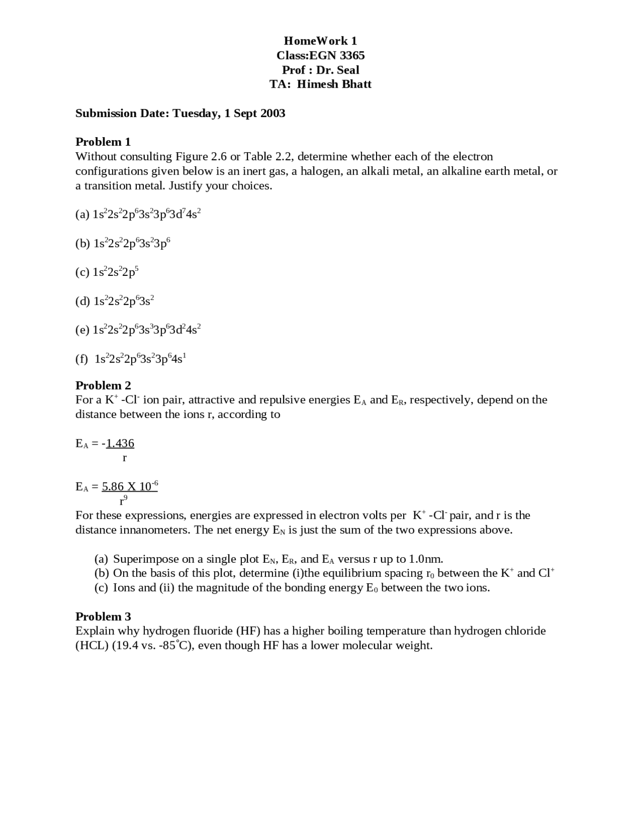 Homework 1 For Structure And Properties Of Materials Egn 3365 Docsity