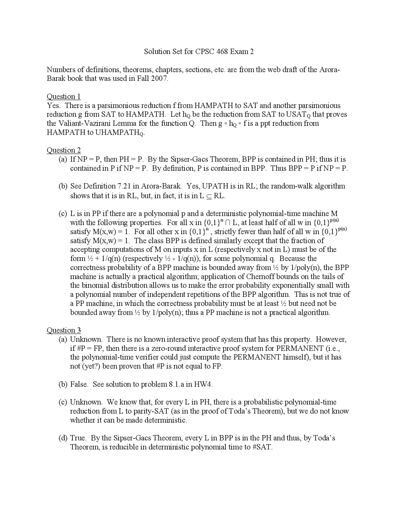 Solutions to CPSC 468 Exam 2: Parsimonious Reductions and Complexity Classes | Exams Computer ...