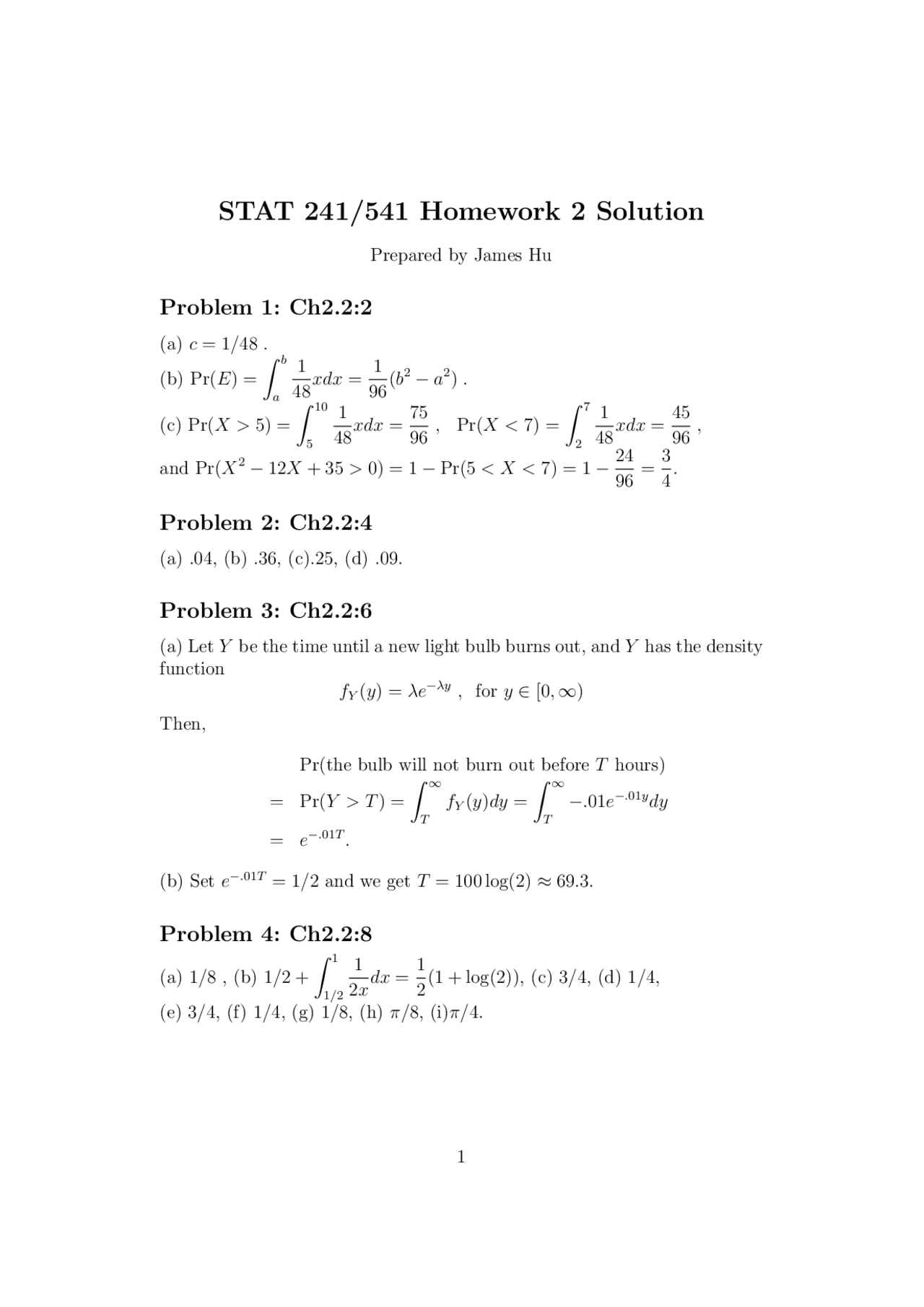 4 Problems on Probability Theory with Solution - Homework 2 | STAT 241 - Docsity