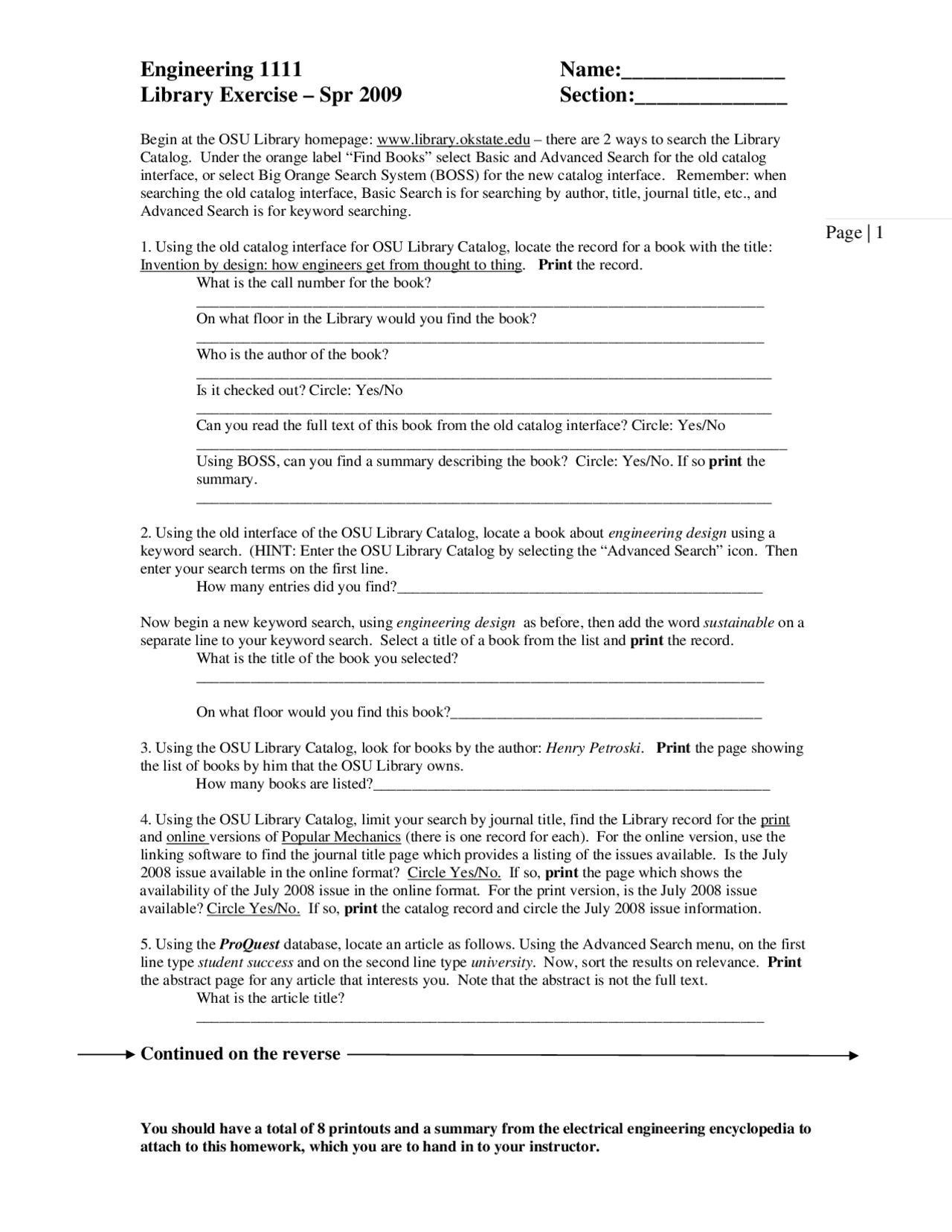 Library Exercise Quiz Introduction To Engineering Engr 1111 Docsity