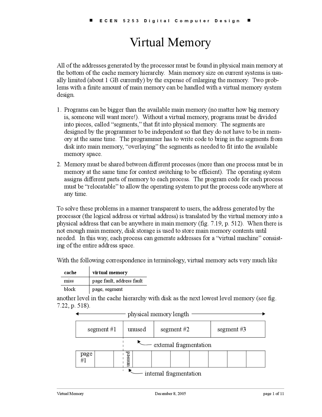 Notes On Virtual Memory Digital Computer Design Ecen 5253 Docsity