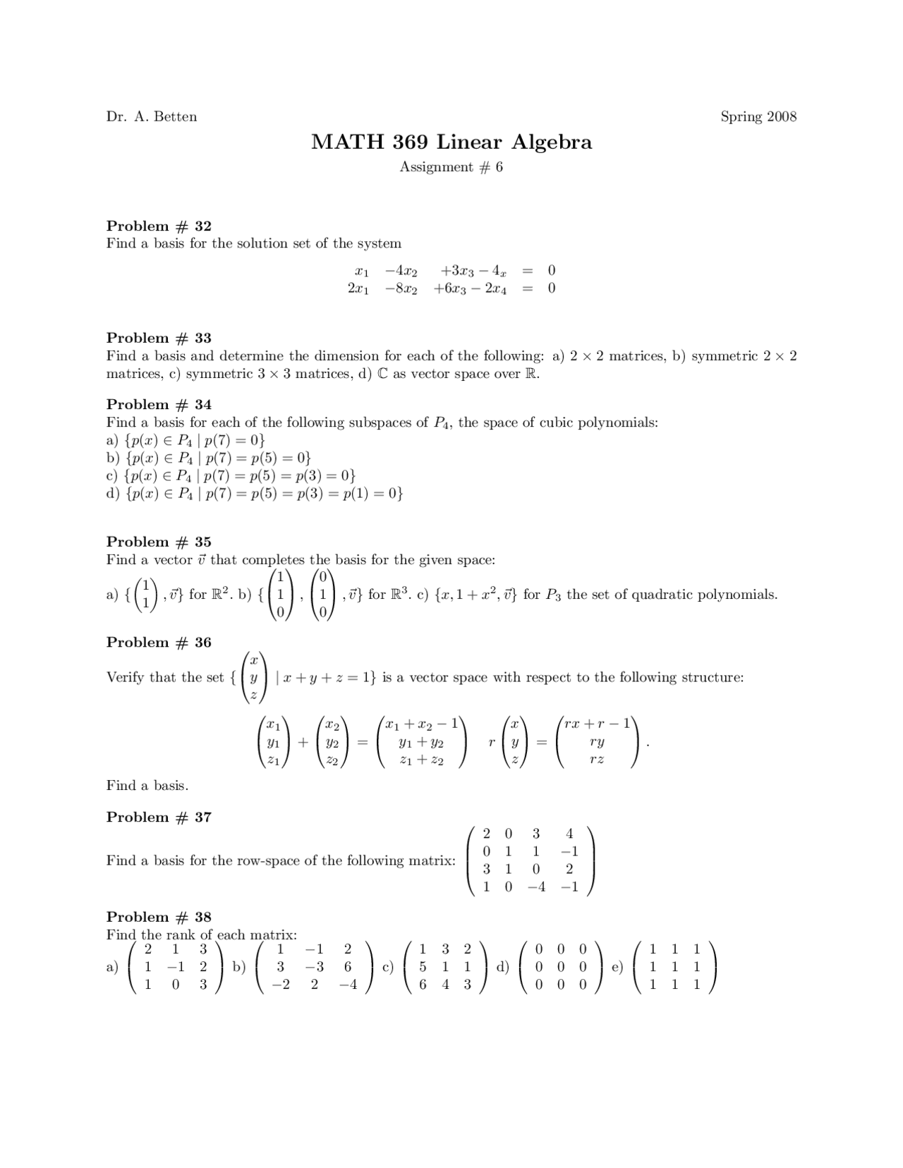 Homework 6 Solved Question - Linear Algebra I - Spring 2008 | MATH 369 - Docsity