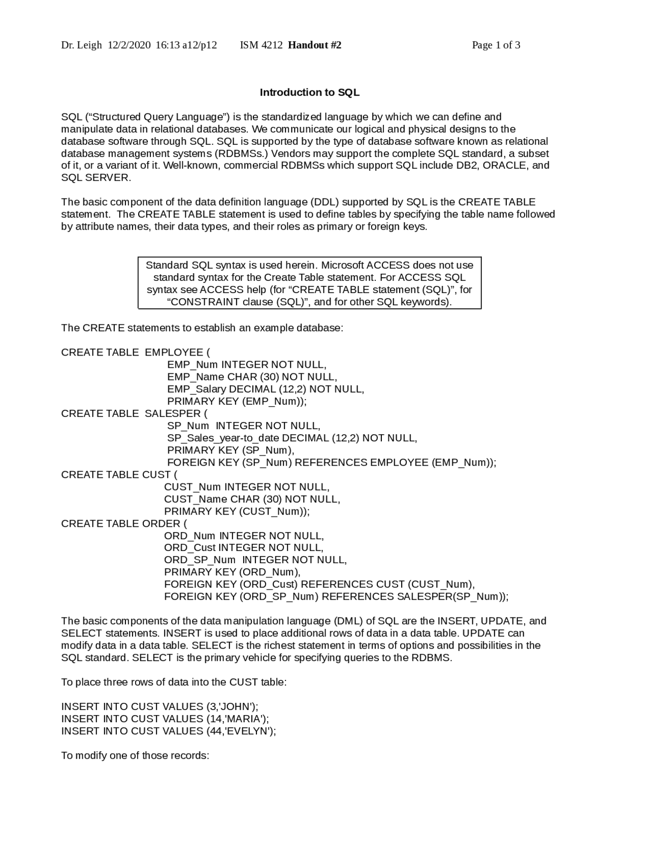 Introduction To Structured Query Language Ism 4212 Docsity