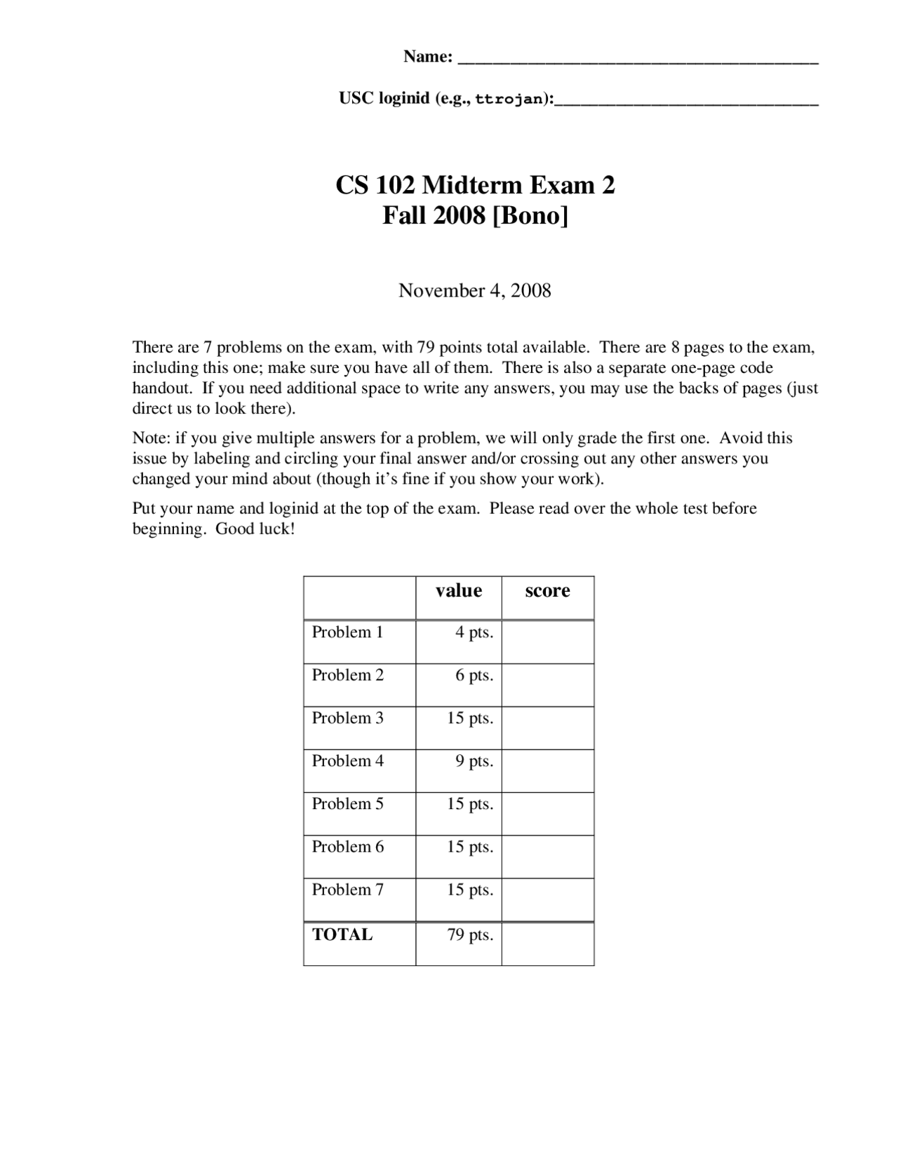 Practice Midterm Exam 2 on Data Structures - Fall 2008 | CSCI 102L - Docsity