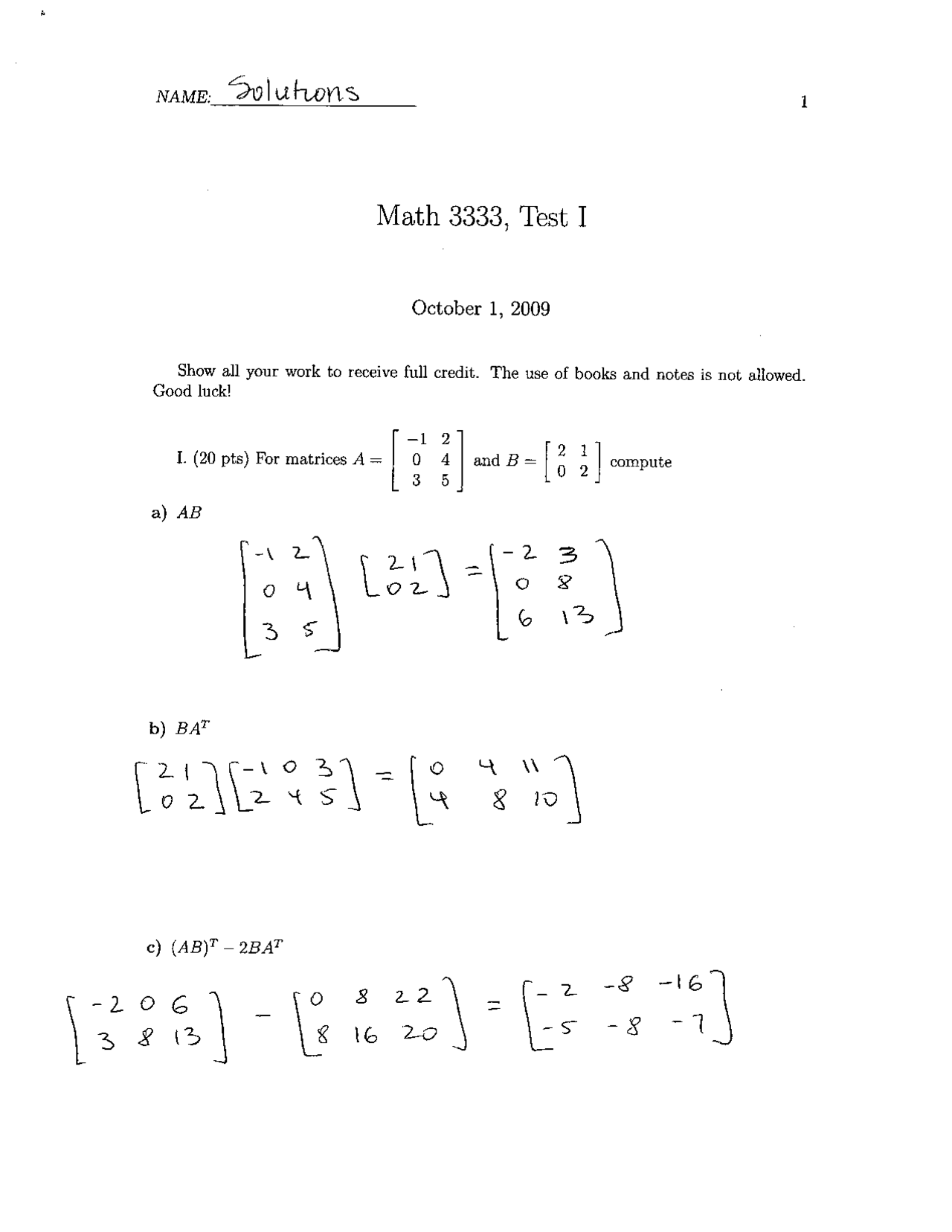 Solutions To Test 1 Linear Algebra I Fall 2009 Math 3333 Docsity