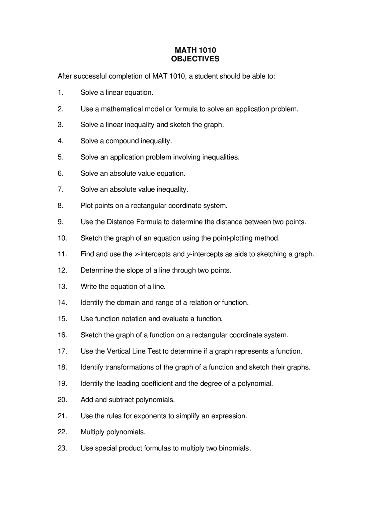 Objectives of MATH 1010: A Comprehensive List of Mathematics Topics for ...