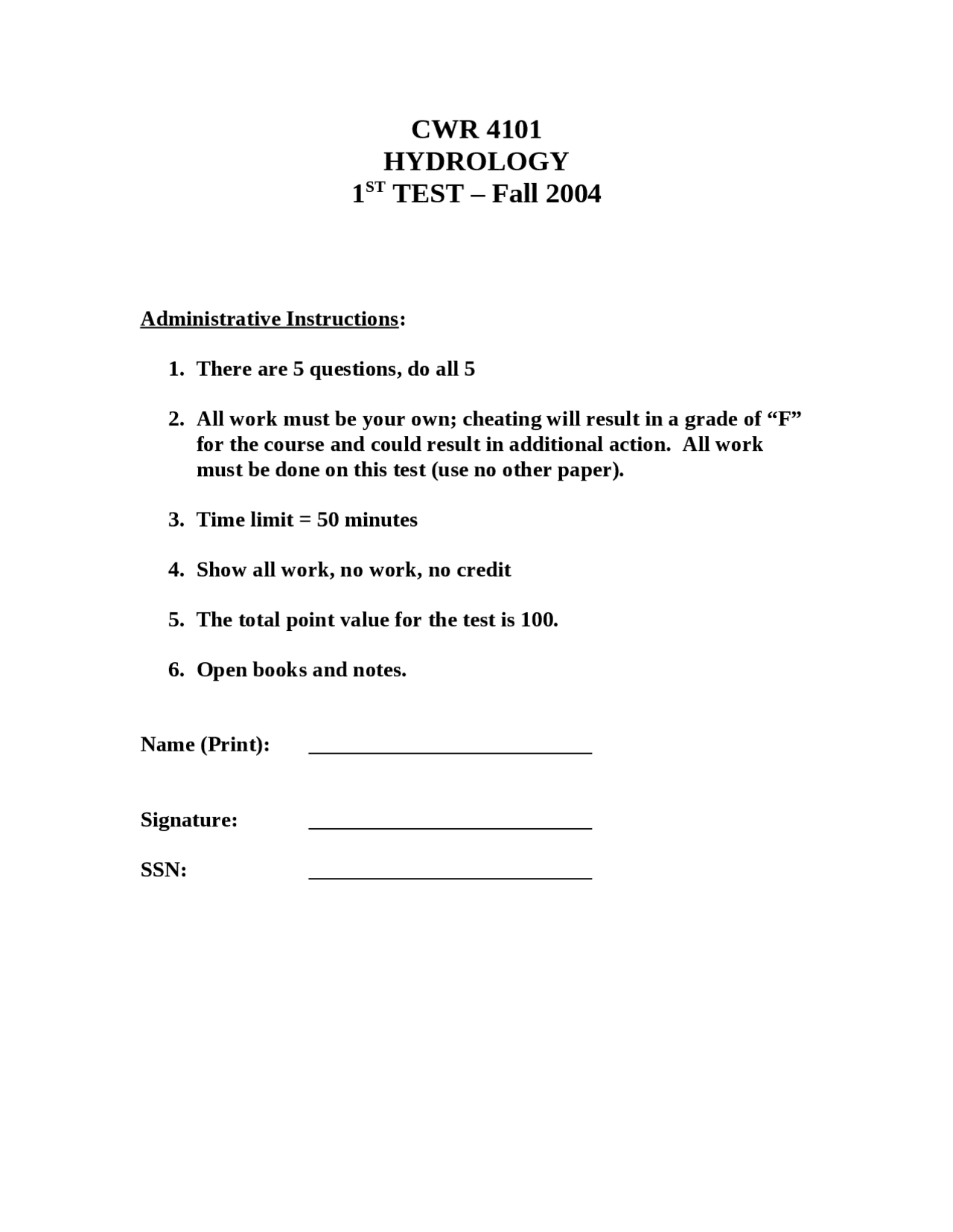 5 Questions On Hydrology Examination Cwr 4101 Docsity