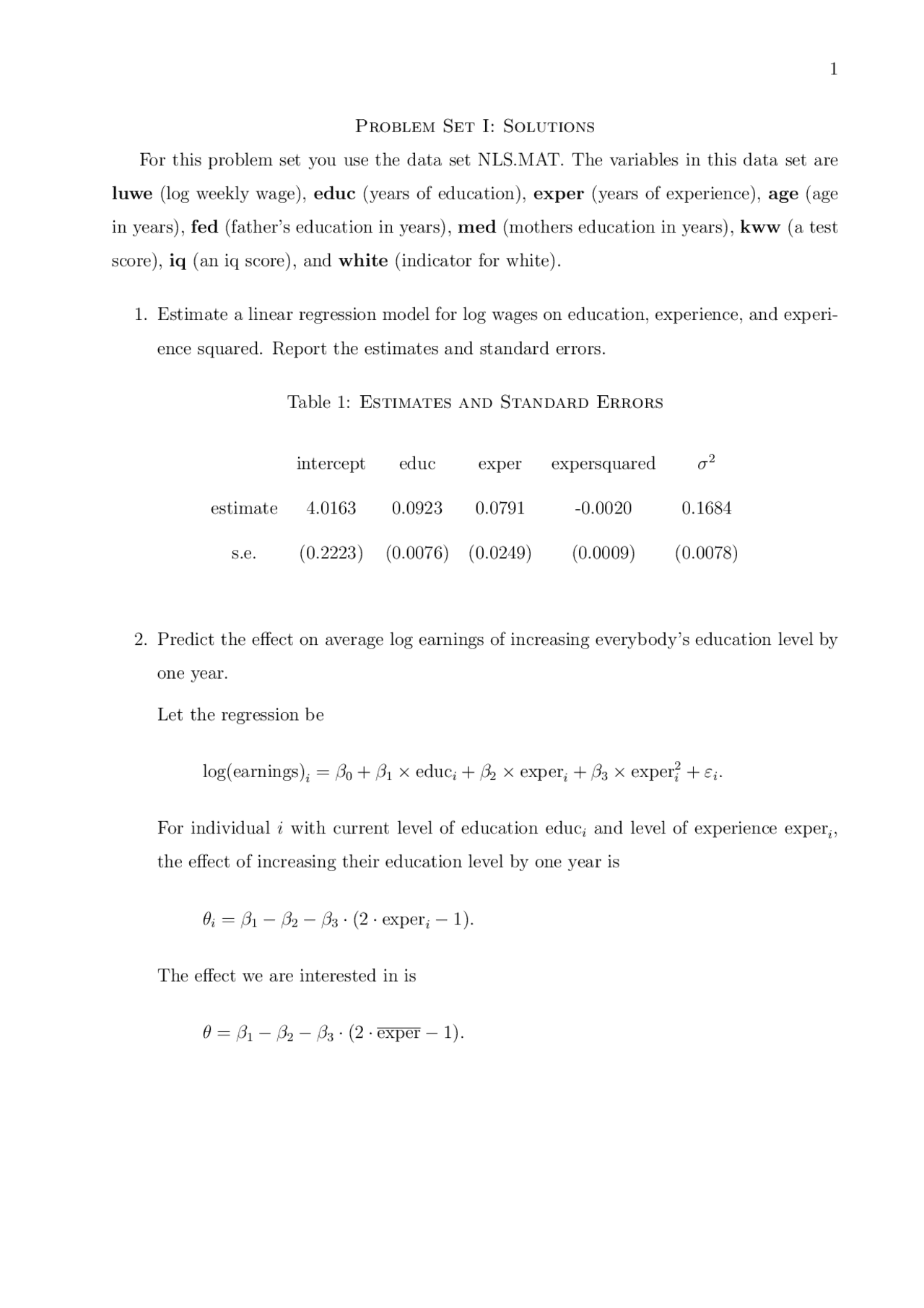 Problem Set 1 Solutions Practice Of Econometrics Econ 513 Docsity