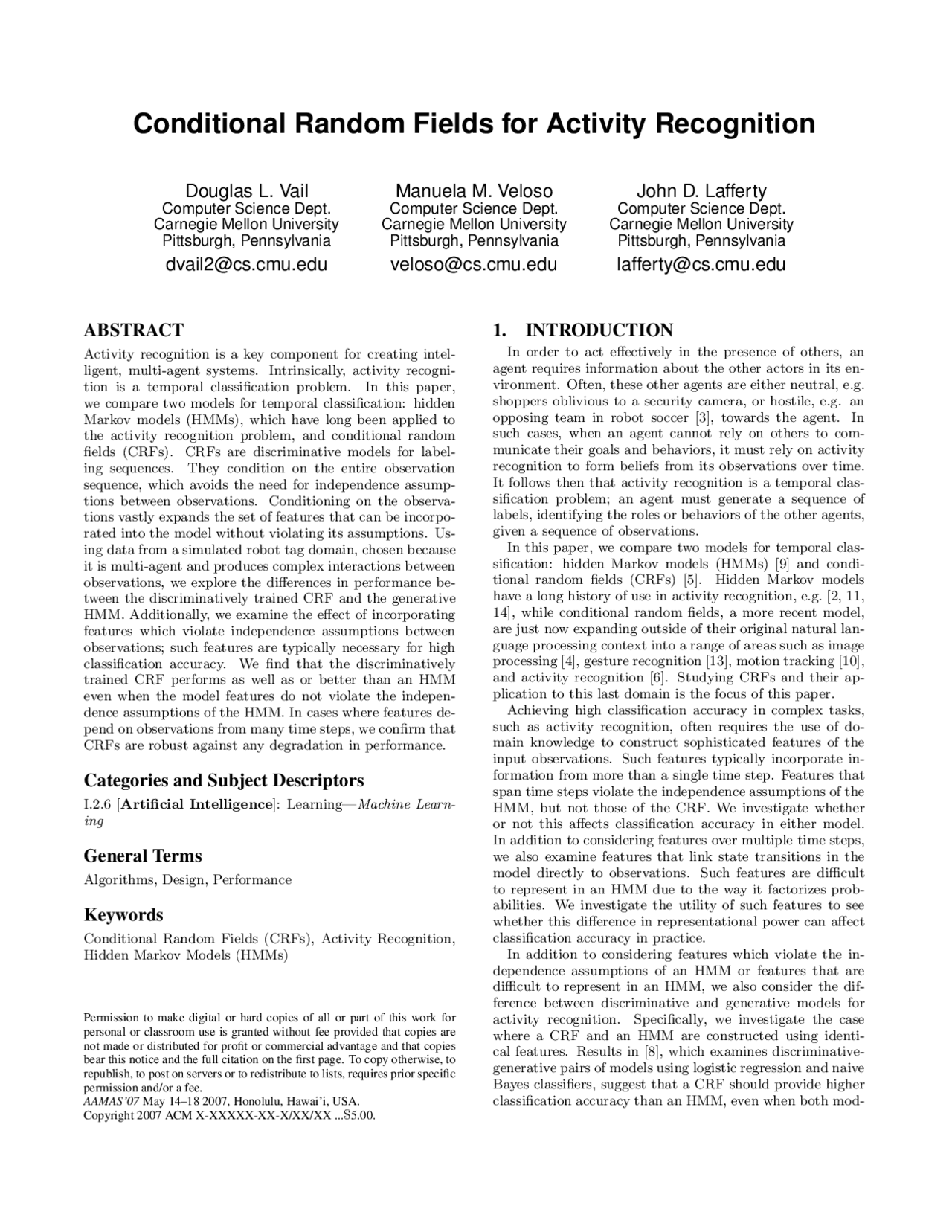 Conditional Random Fields for Activity Recognition | CAP 6938 - Docsity