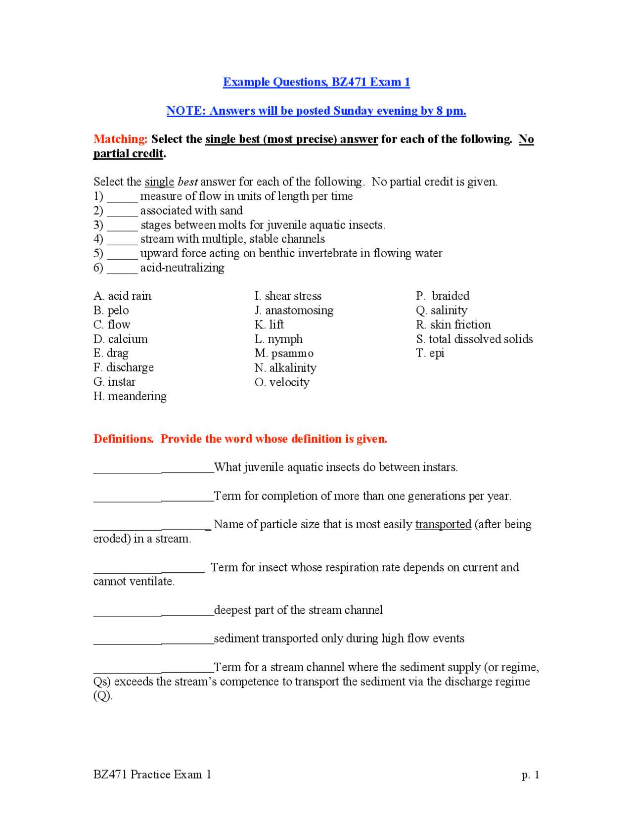 Example Questions For Exam 1 Stream Biology And Ecology Bz 471