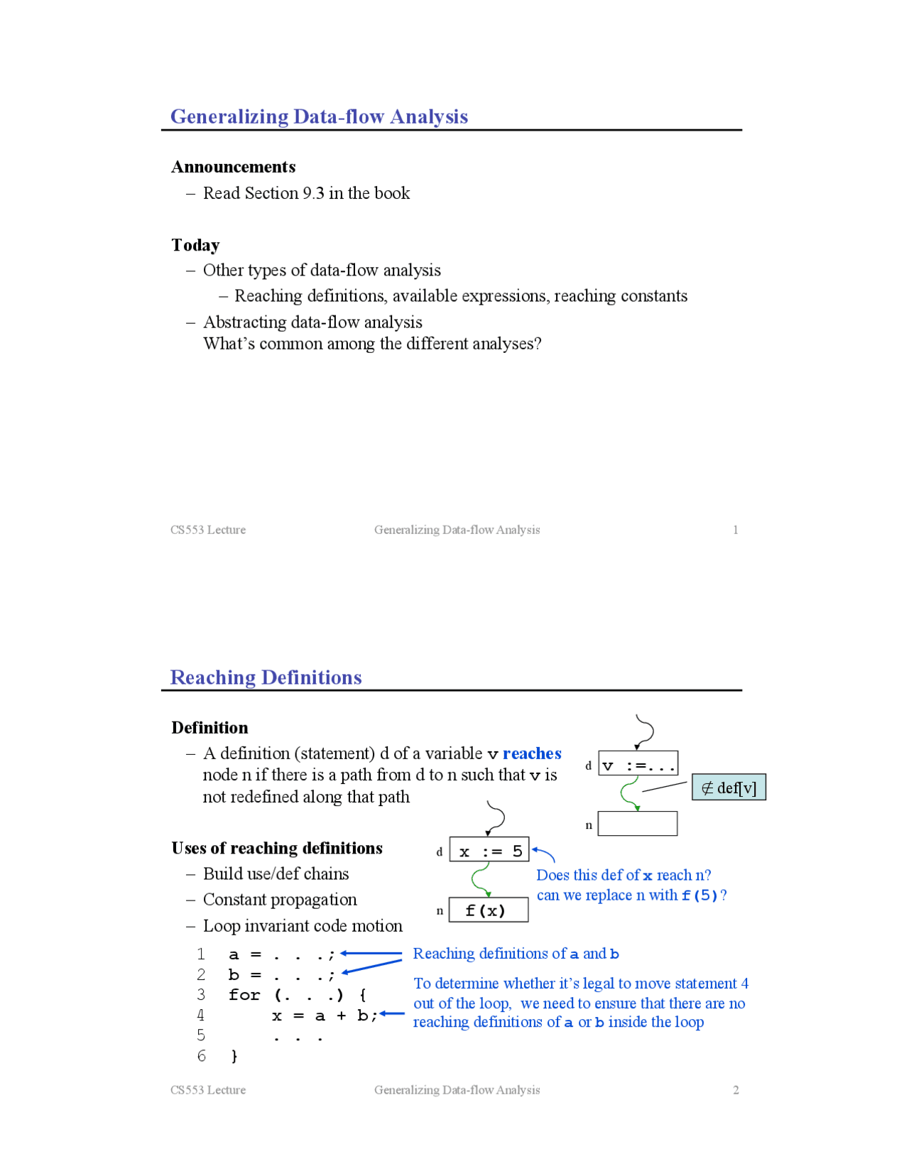 Generalizing Data Flow Analysis Cs 553 Docsity