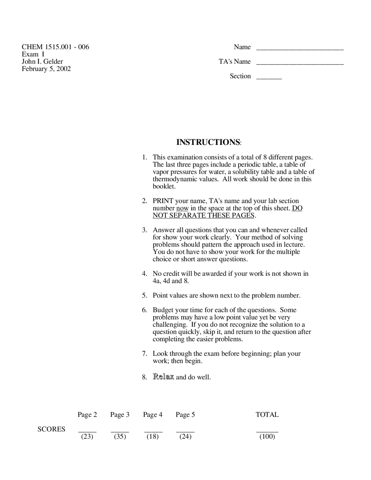 General Chemistry - Exam 1 to Solve | CHEM 1515 - Docsity