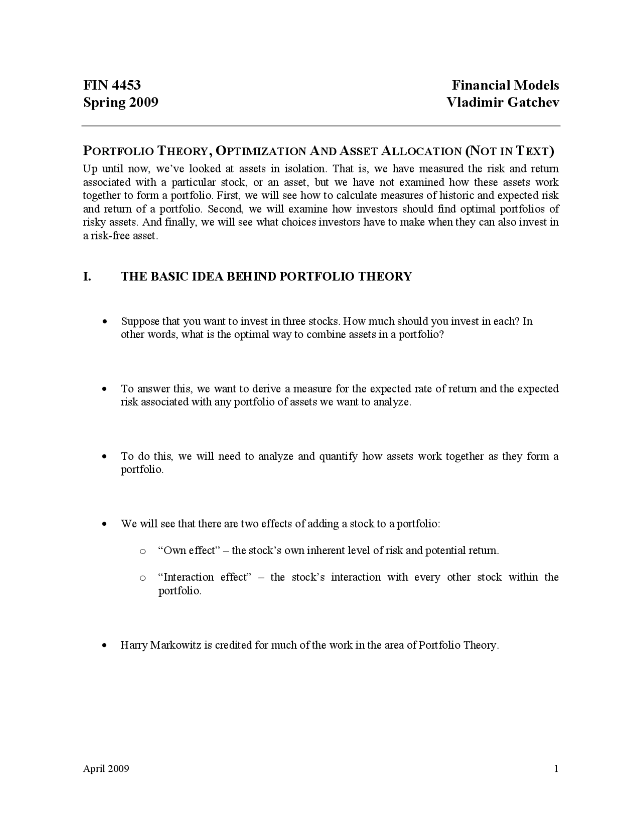 Portfolio Theory Optimization And Asset Allocation Notes Fin 4453