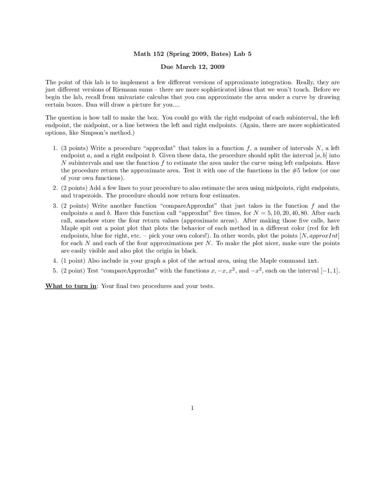 Mathematical Algorithms In Maple Lab 5 Spring 2009 Math 152 Docsity