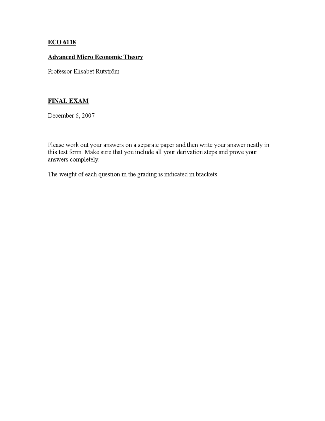 Final Exam Microeconomic Theory I Eco 6118 Docsity