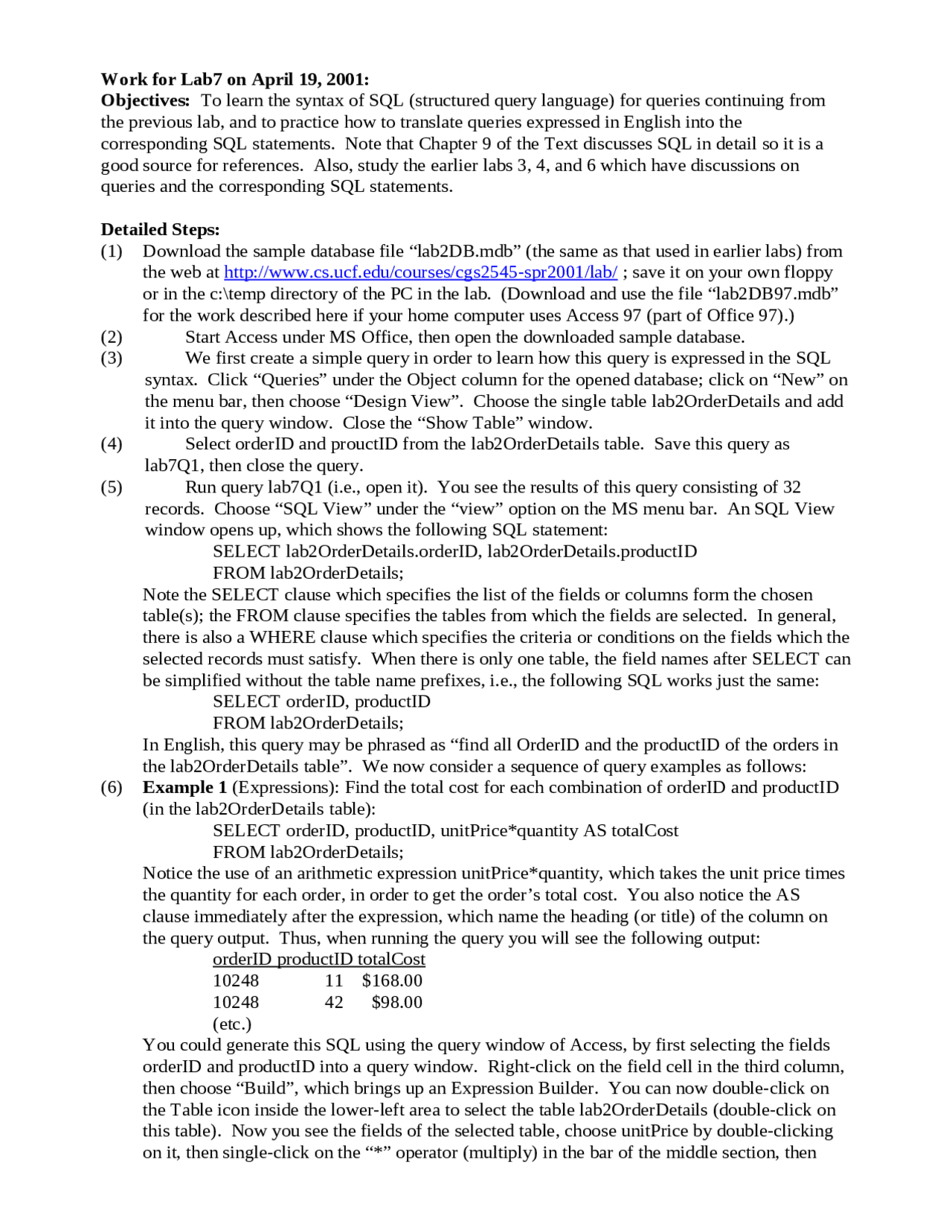 Laboratory 7 Syntax Of Structure Query Language Cgs 2545 Docsity