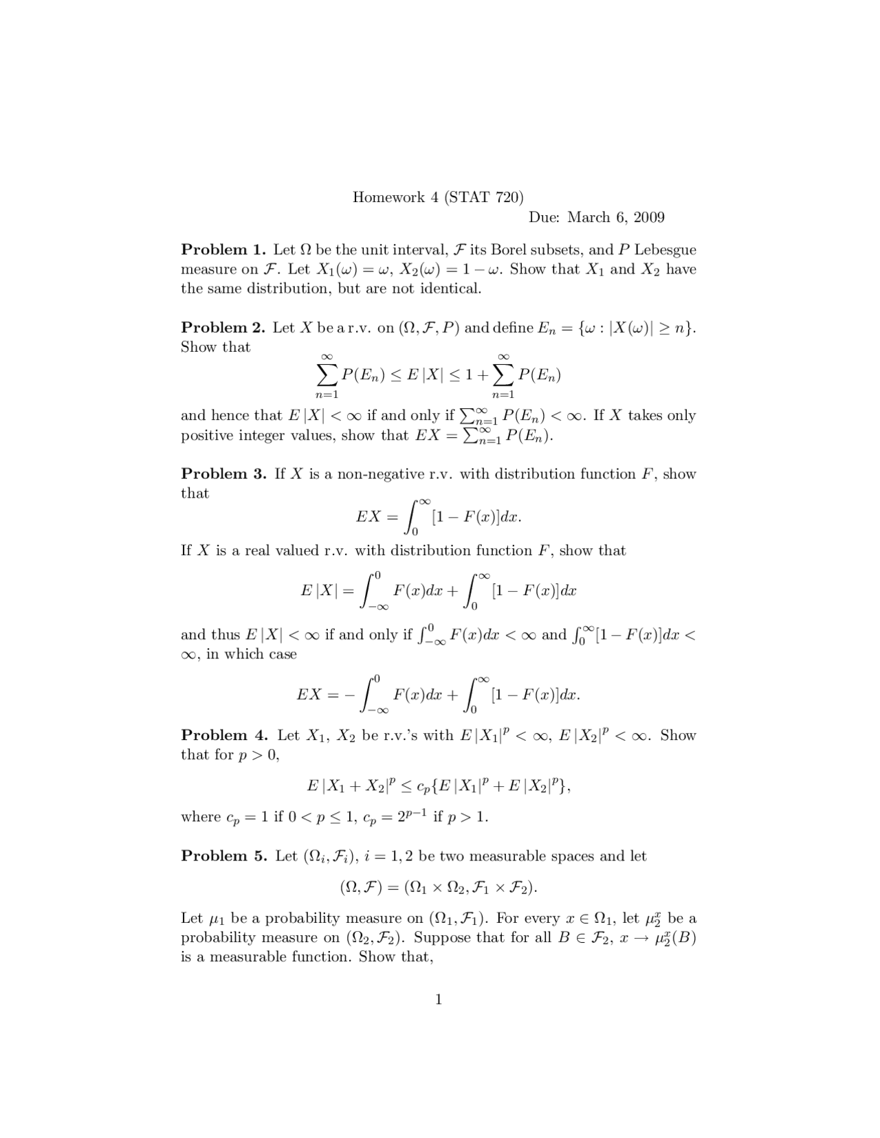 Homework Problems for STAT 720 - Probability Theory | Assignments ...