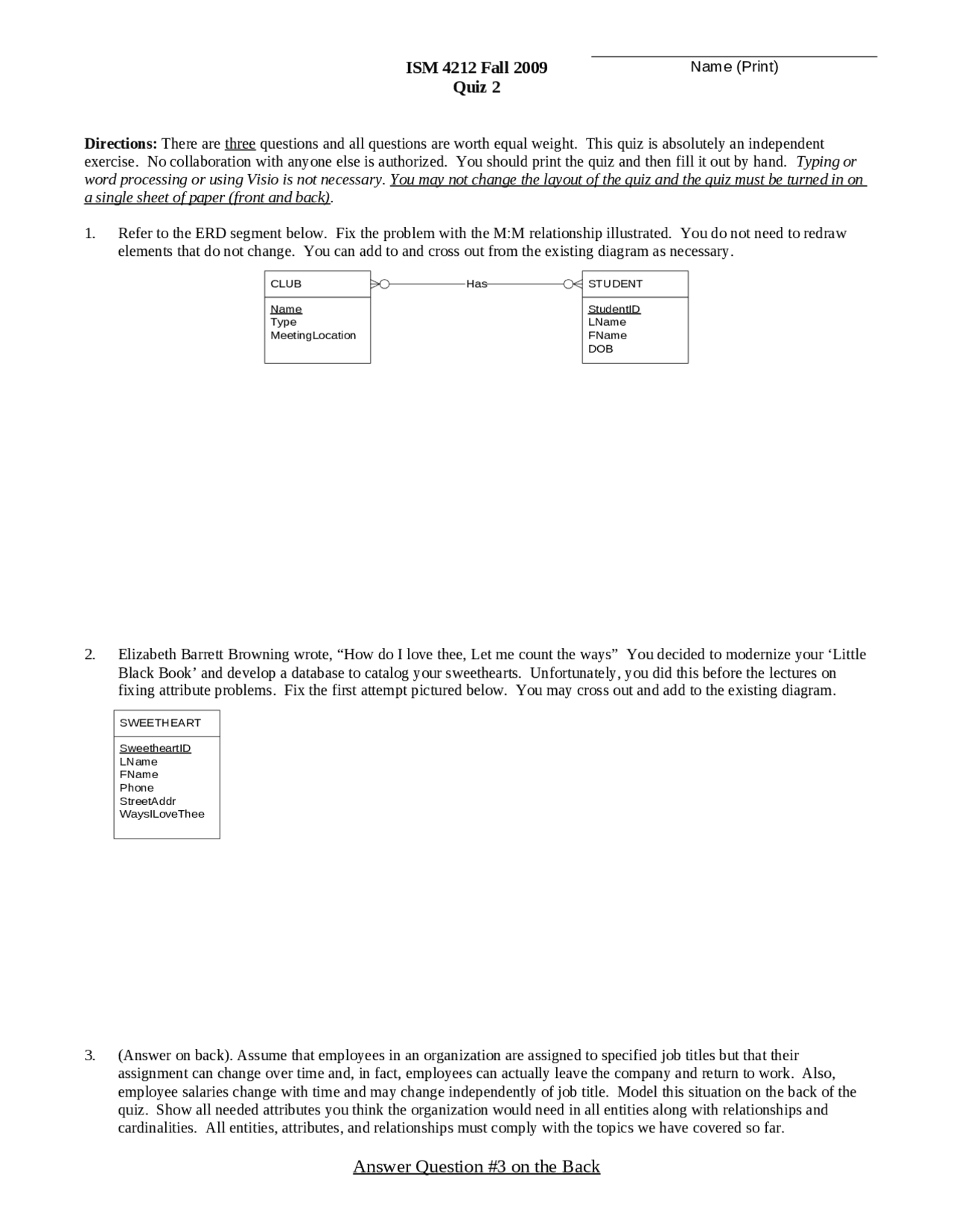 3 Problems On Database Design And Implementation Quiz 2 Ism 4212 Docsity
