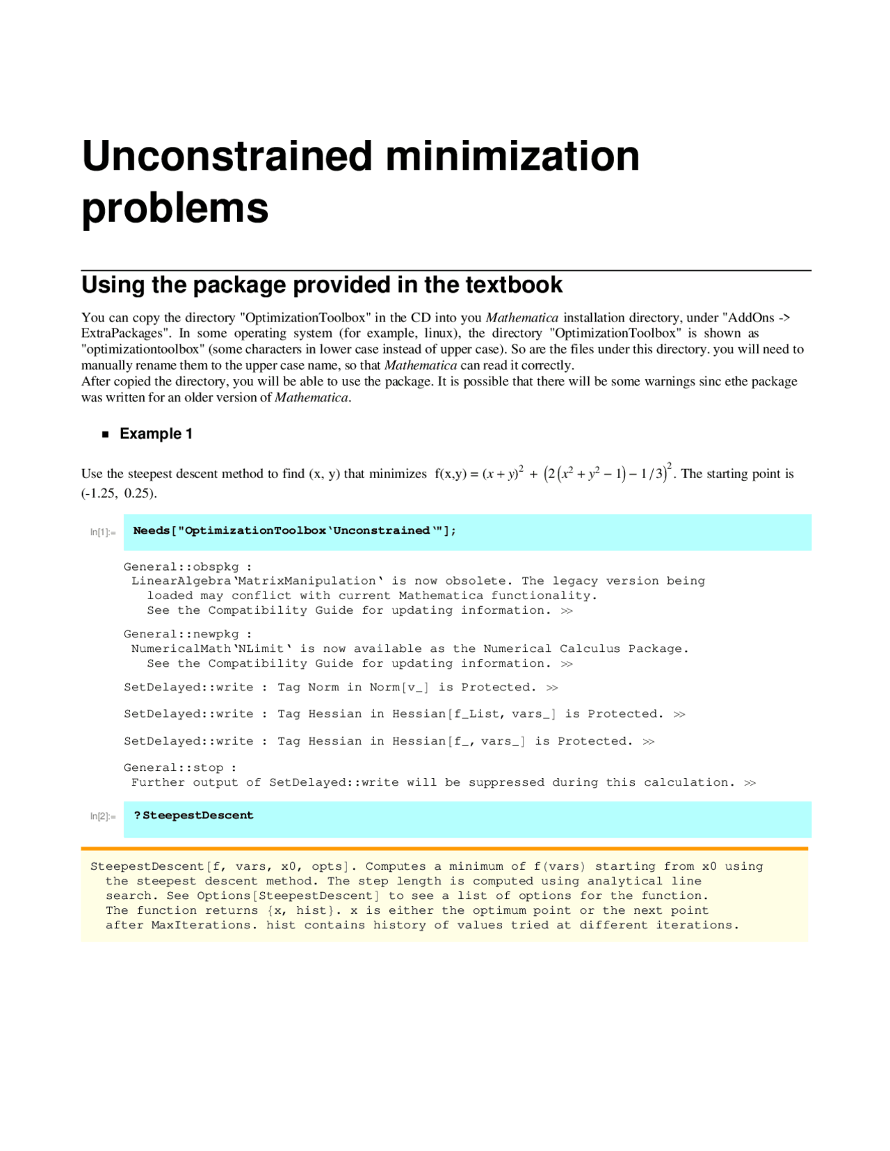 Solved Examples on Unconstrained Minimization on Optimization Tool Box ...