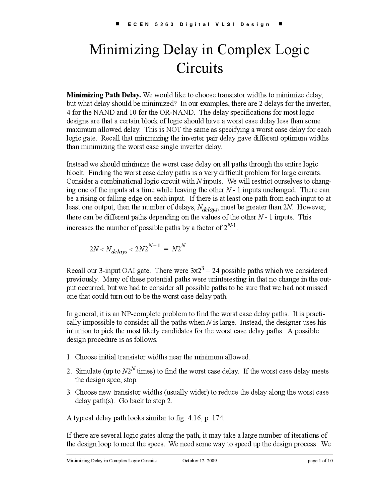 Minimizing Delay In Complex Logic Circuits Lecture Notes Ecen 5263