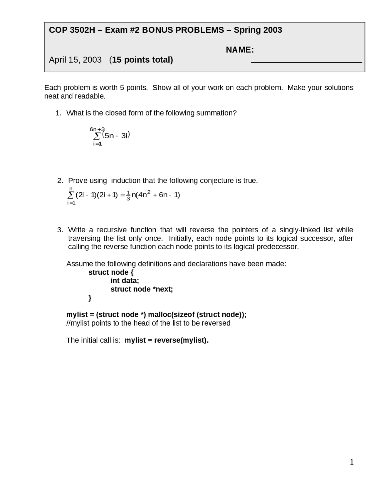 Bonus Problems exam 2 - Computer Science I | COP 3502 - Docsity