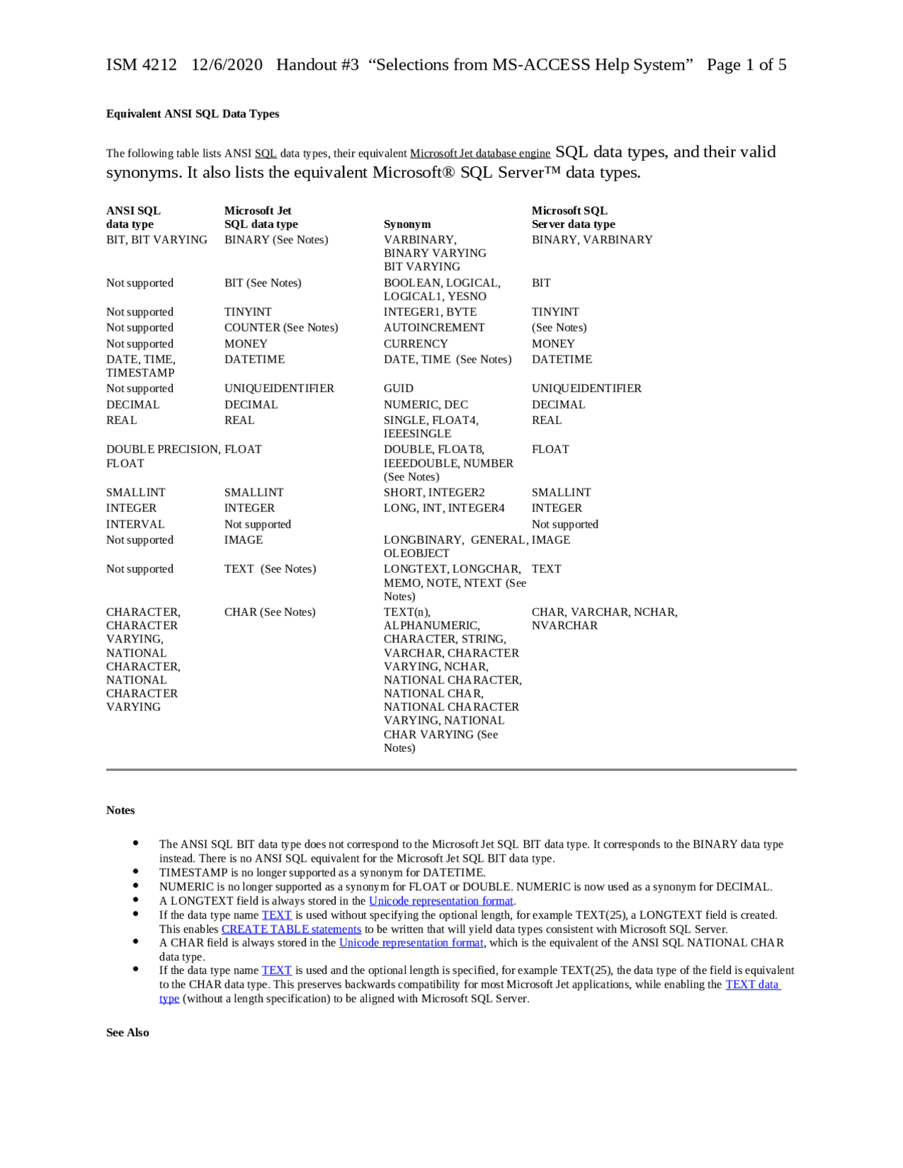 Handout 3: Selections from MS-ACCESS Help System | ISM 4212 - Docsity