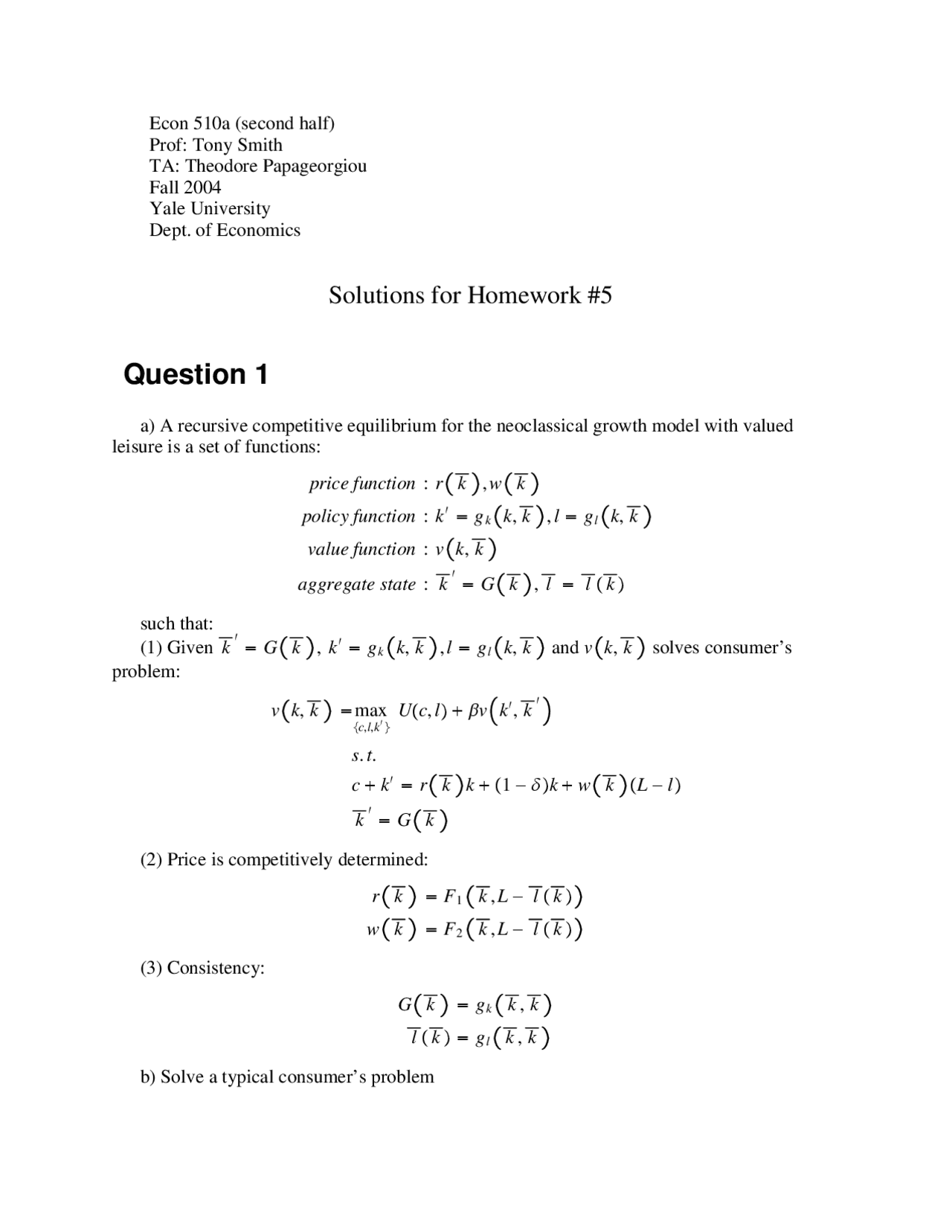 General Economics Theory Macroeconomics Homework 5 Solutions Econ